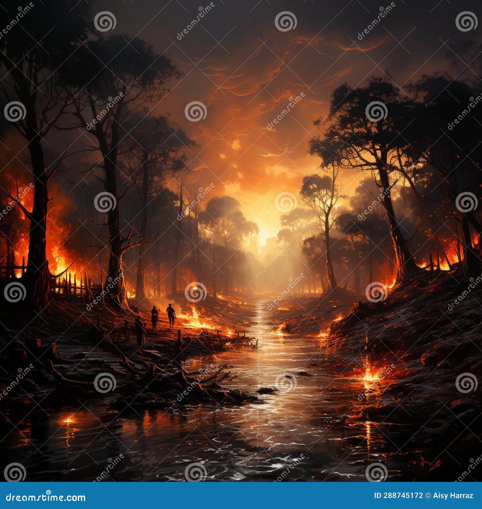Horror Spooky Burning Forest Under the Full Moonlight. Stock ...