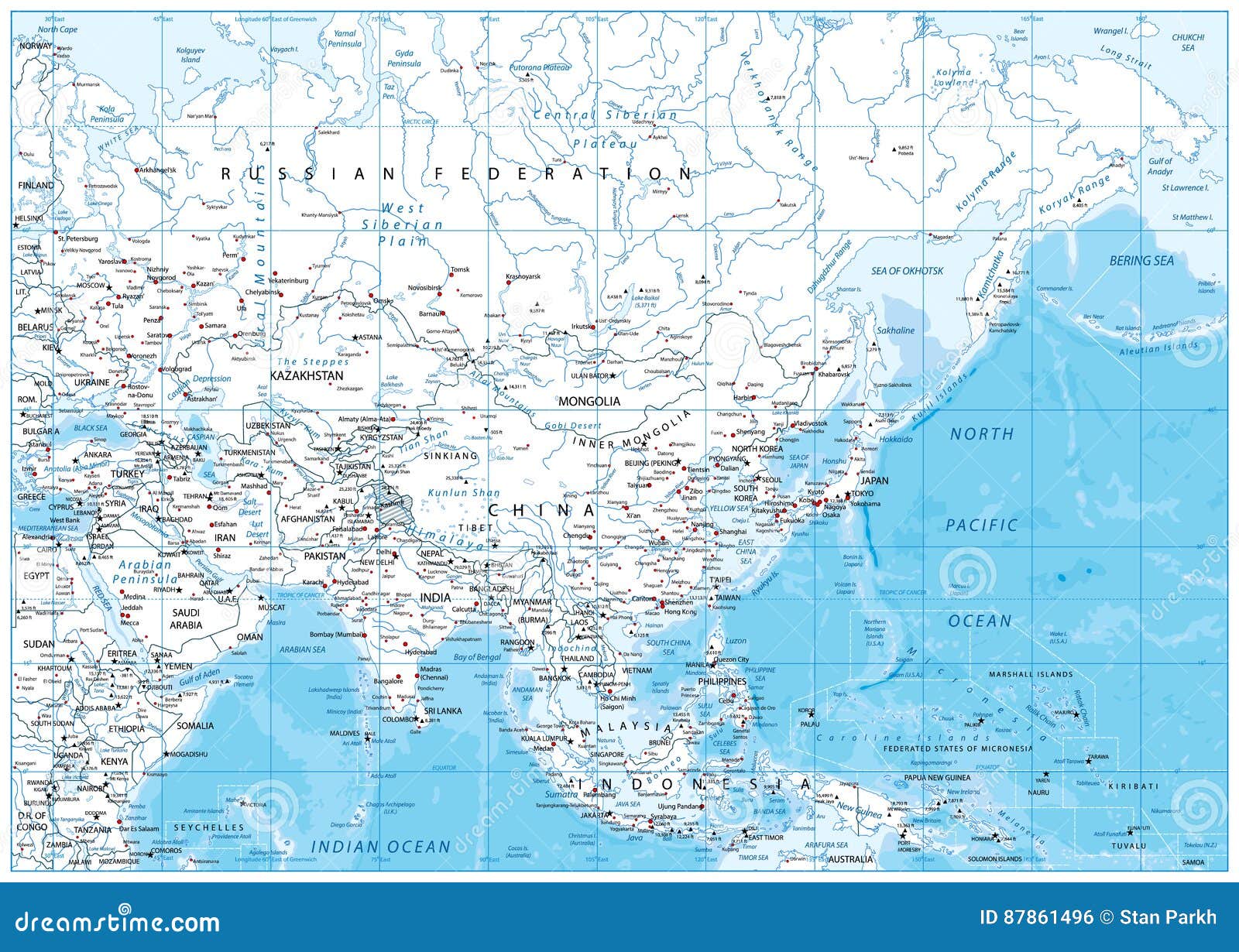 Asia detailed map stock vector. Illustration of geography - 87861496