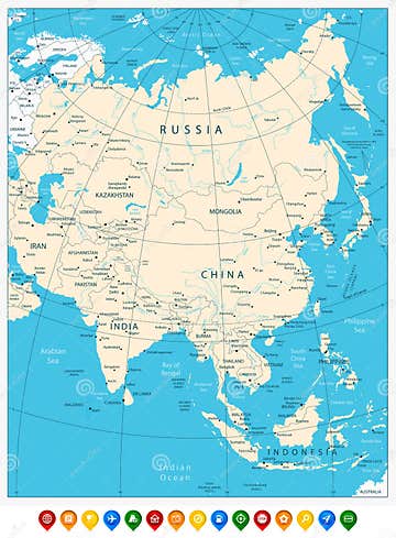 Asia Highly Detailed Map and Colored Map Pointers Stock Vector ...