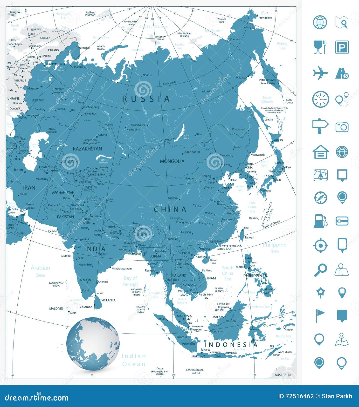 Asia Highly Detailed Map And Navigation Icons Vector Illustration ...