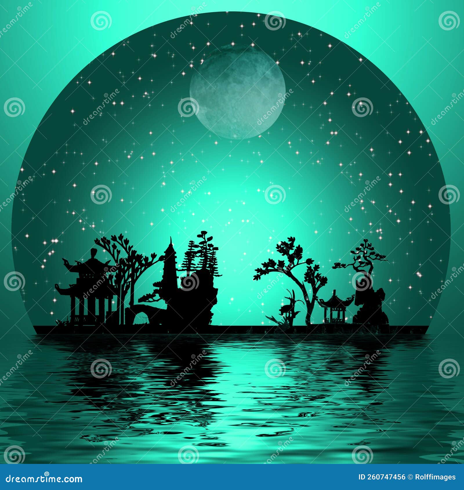 Asia Landscape with Moon stock illustration. Illustration of east ...