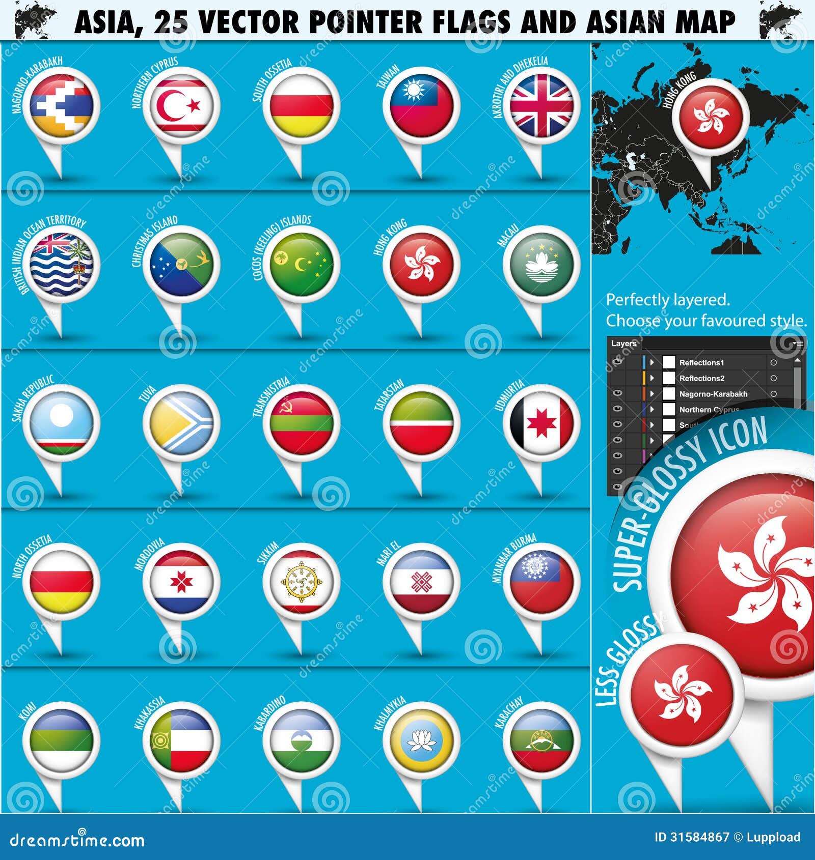Asia Map And Flags Pointer Icons Set3 Cartoon Vector | CartoonDealer ...