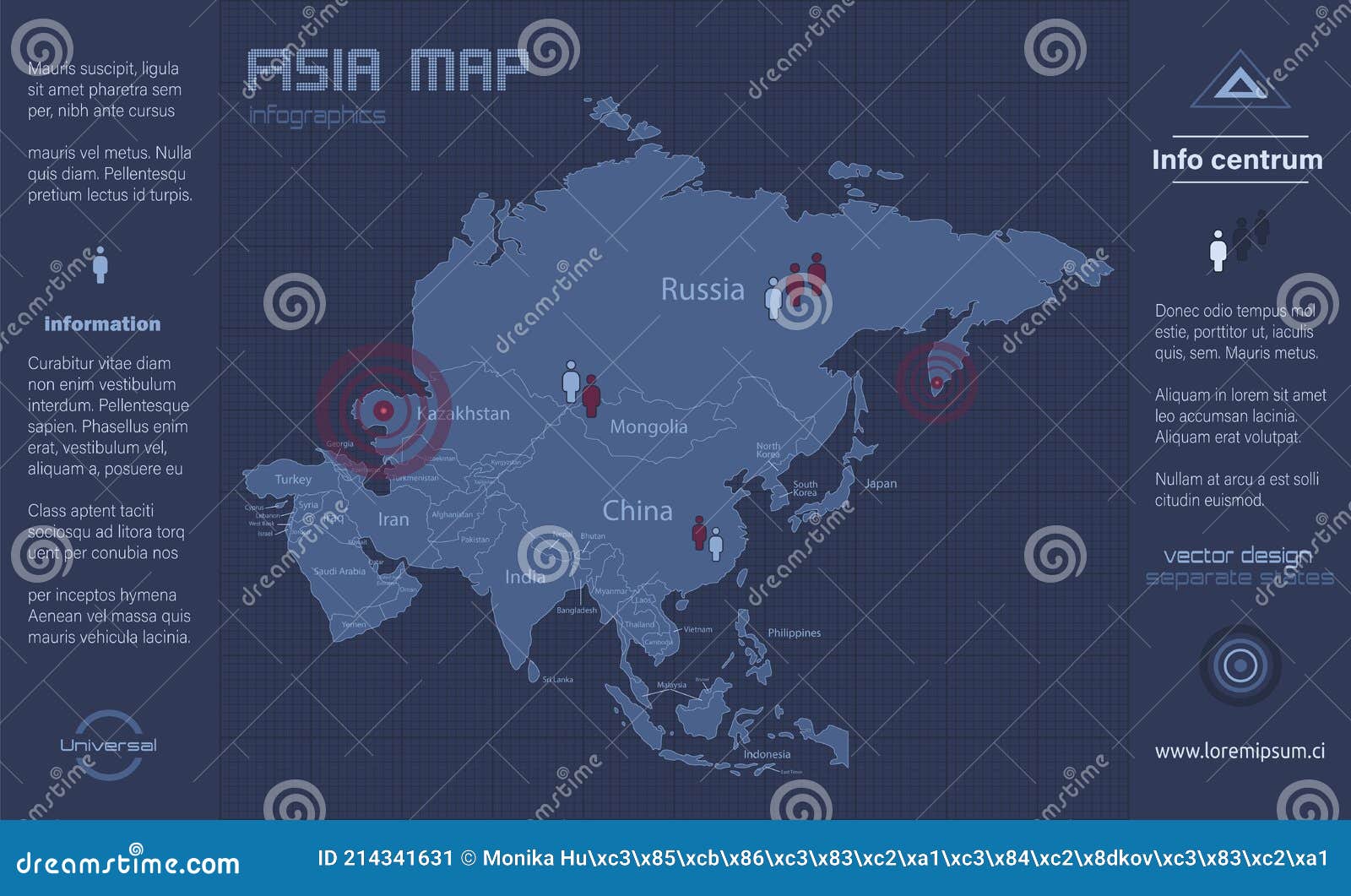 Asia Map, Individual States, Infographics Blue Flat Design Stock Vector ...