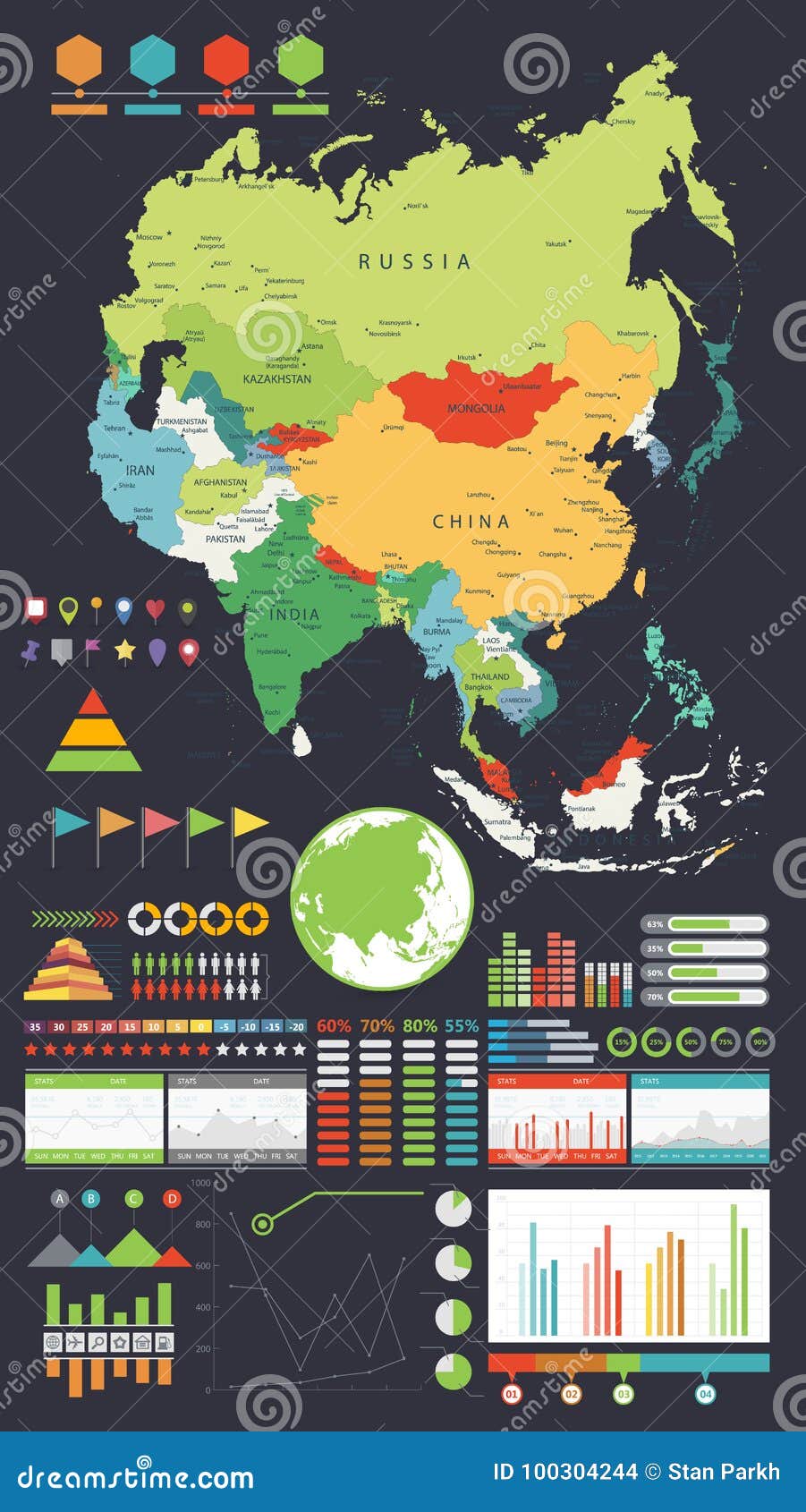 Asia Map and Infographics Design Elements Stock Vector - Illustration ...