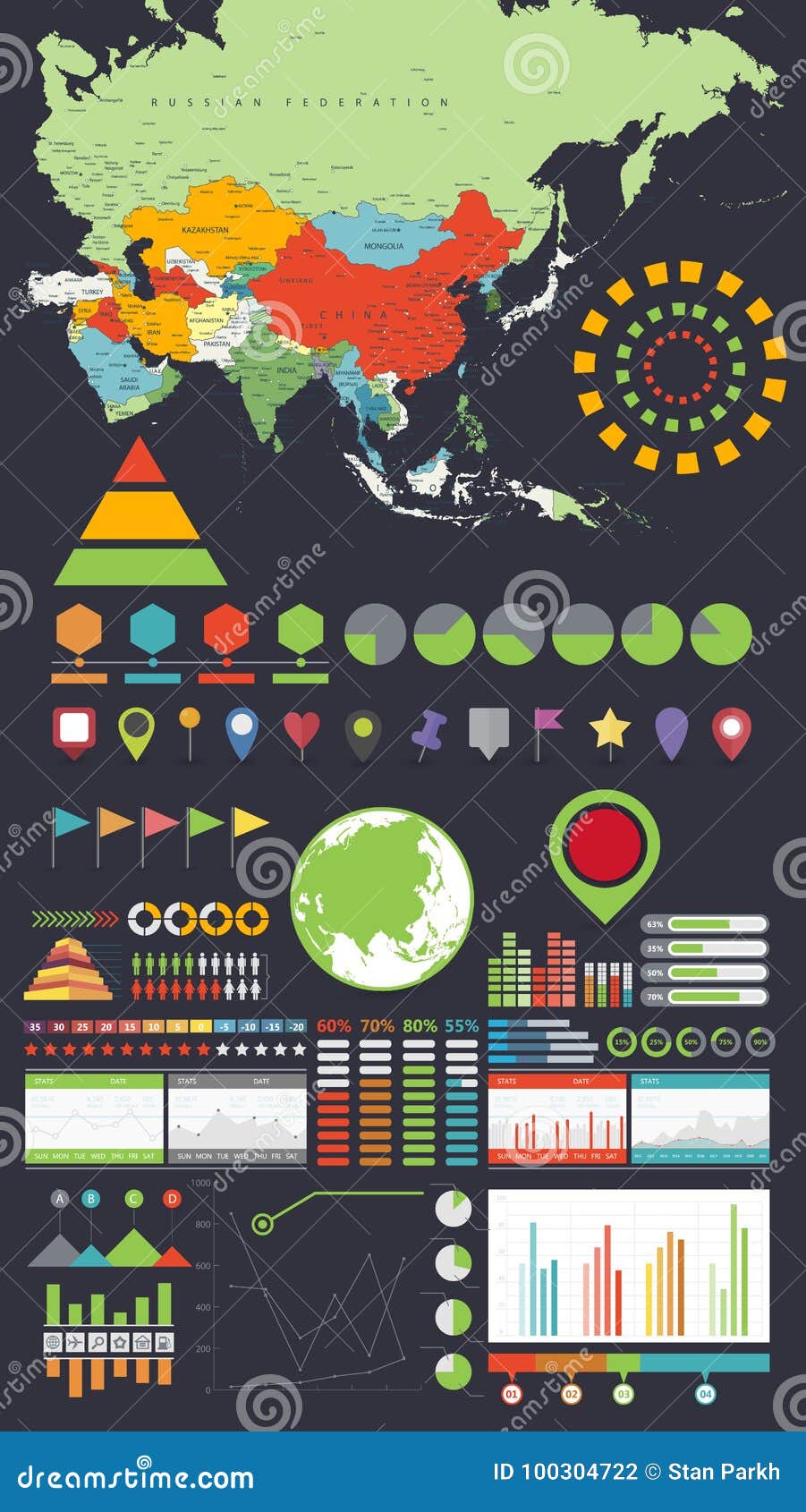 Asia Map and Infographics Design Elements 2 Stock Vector - Illustration ...