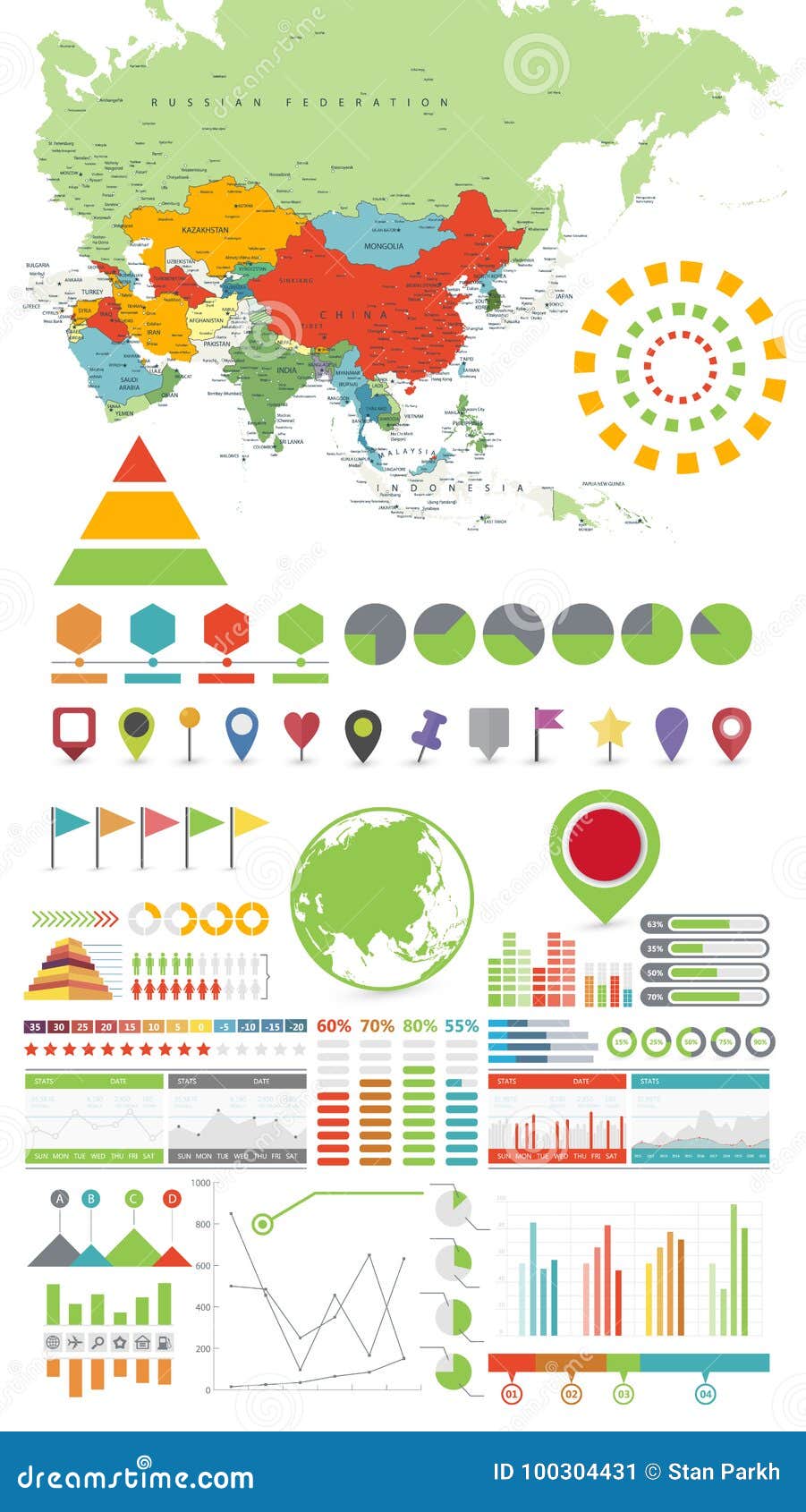 Asia Map and Infographics Design Elements 2. on White Stock Vector ...