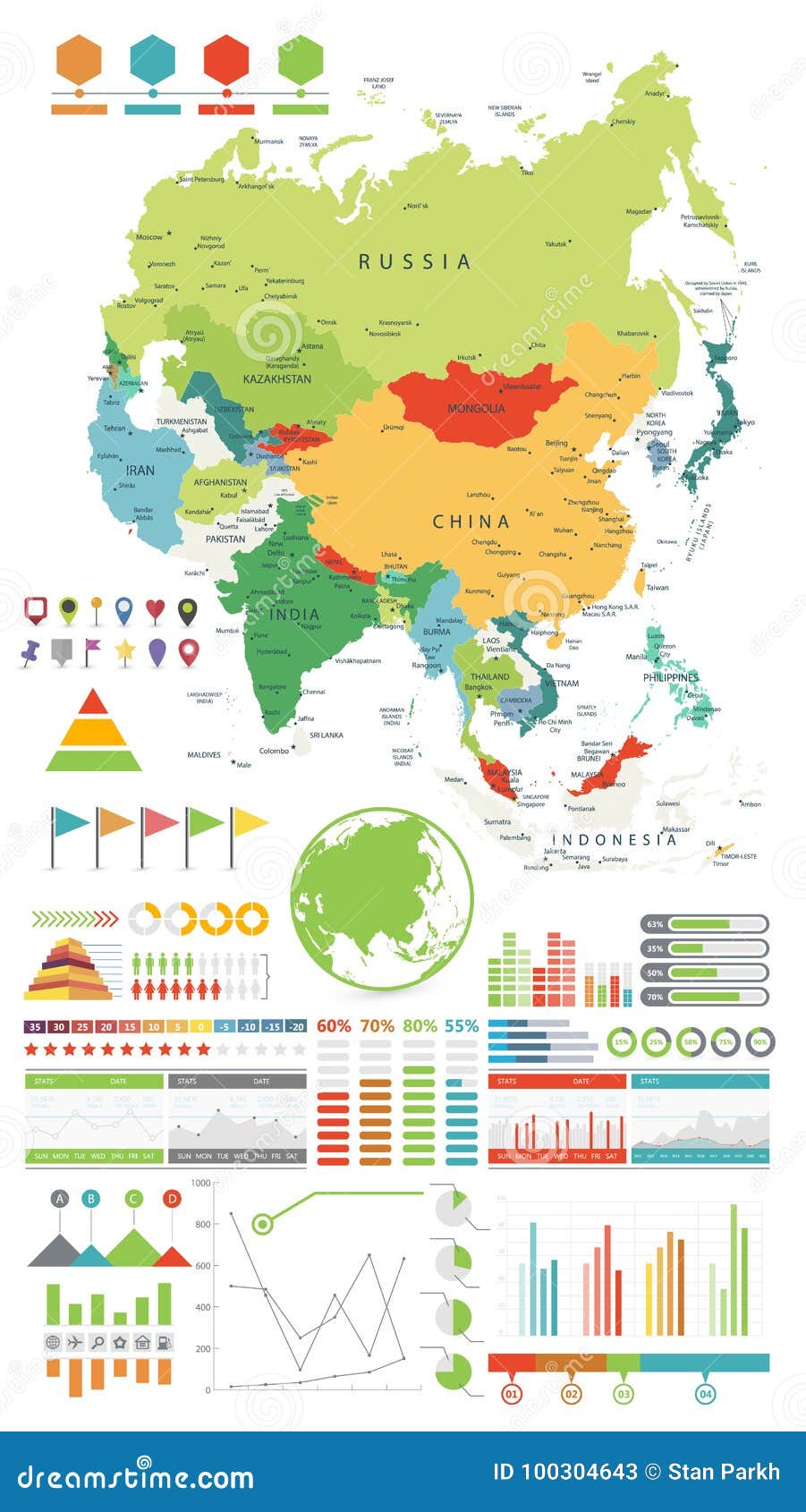 Asia Map and Infographics Design Elements. on White Stock Vector ...