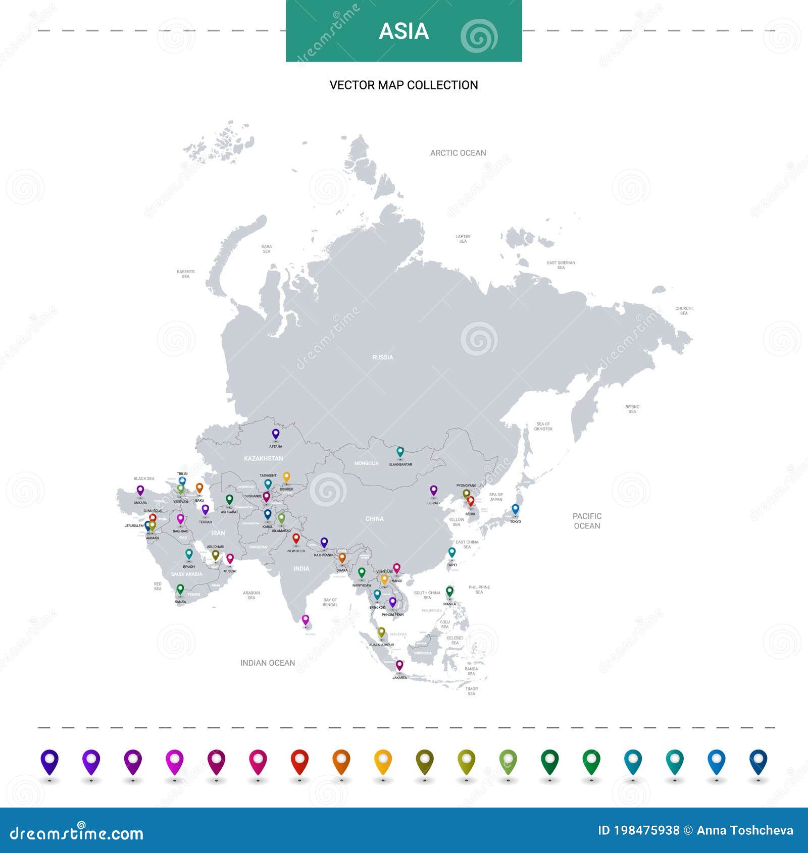 Asia Map with Location Pointer Marks. Stock Vector - Illustration of ...