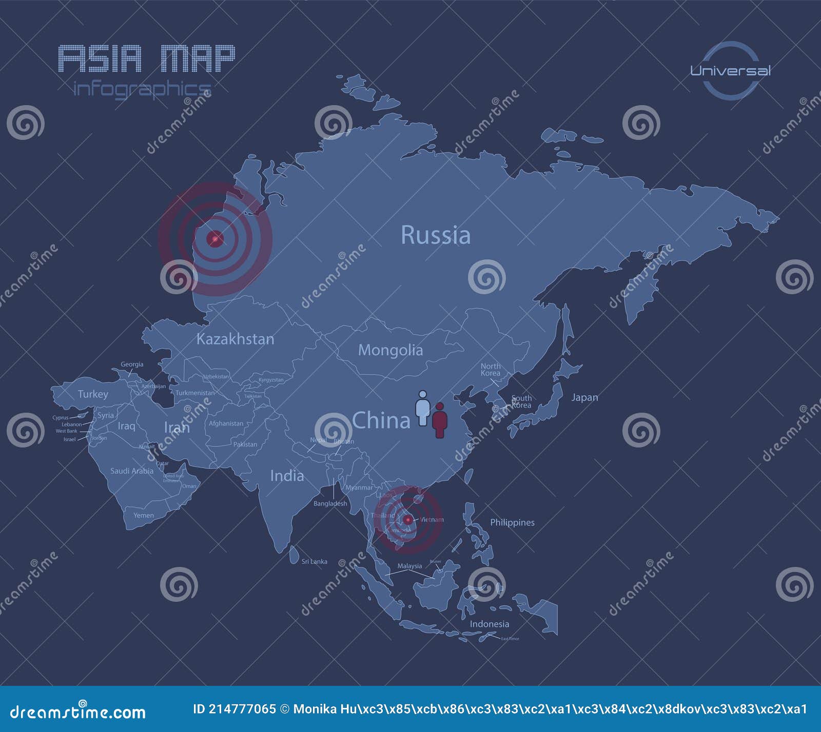 Asia Map, with Names of Individual States, Infographics Blue Flat ...