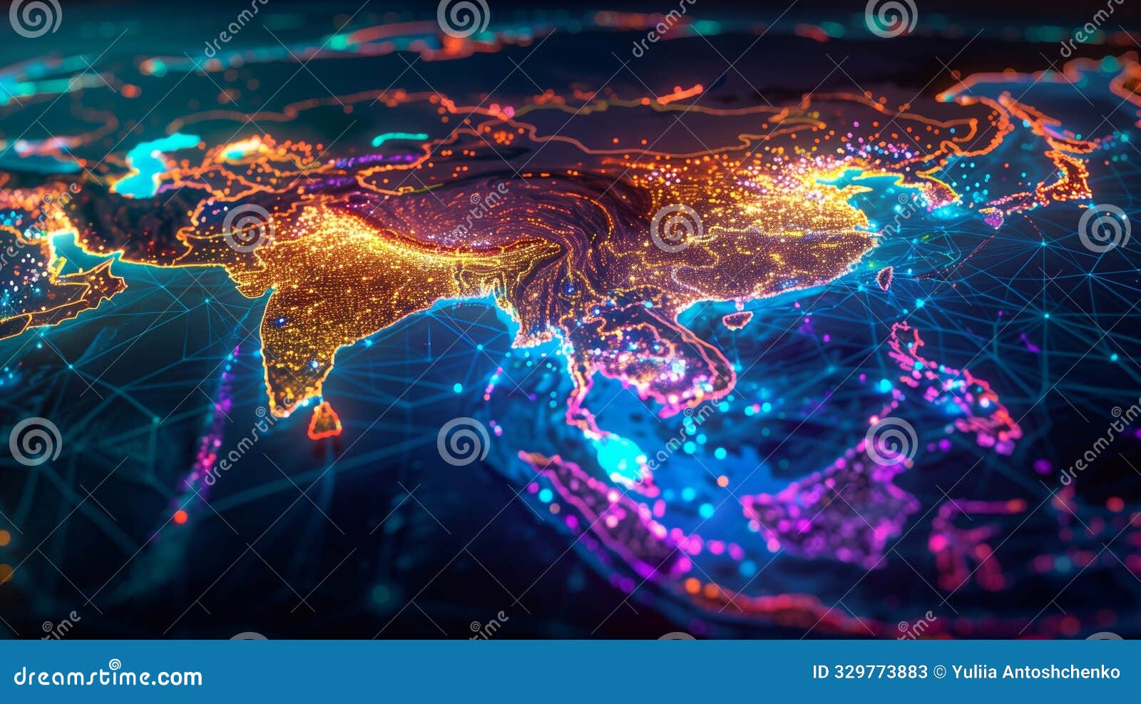 Asia map with neon effect stock illustration. Illustration of blue ...
