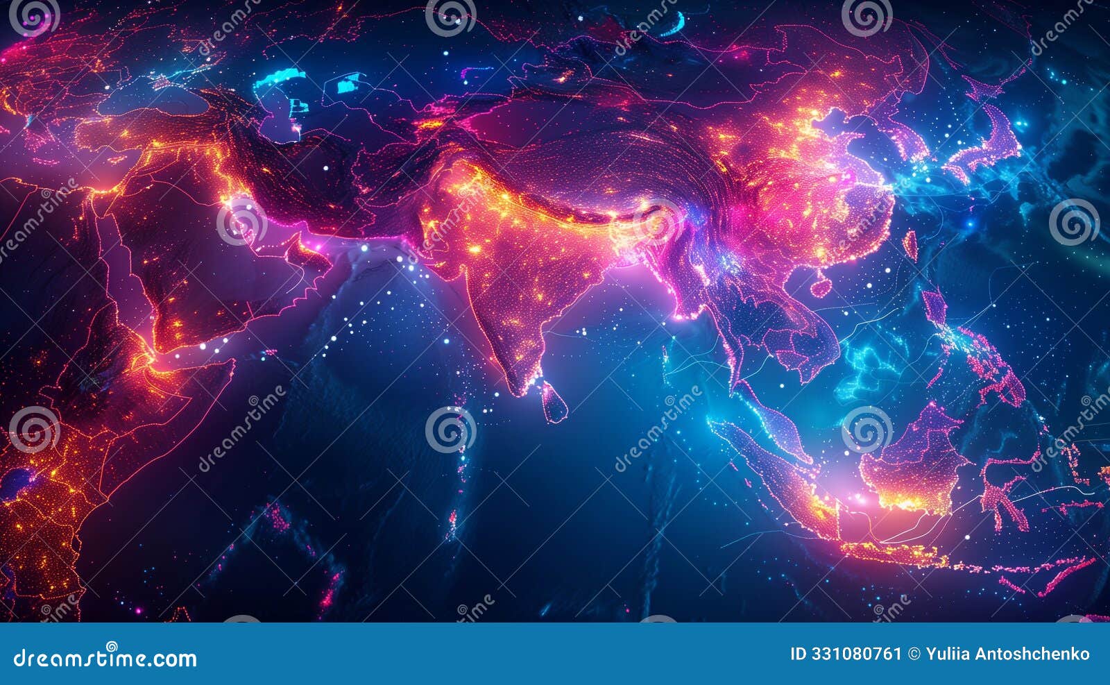 Asia map with neon effect stock illustration. Illustration of ocean ...