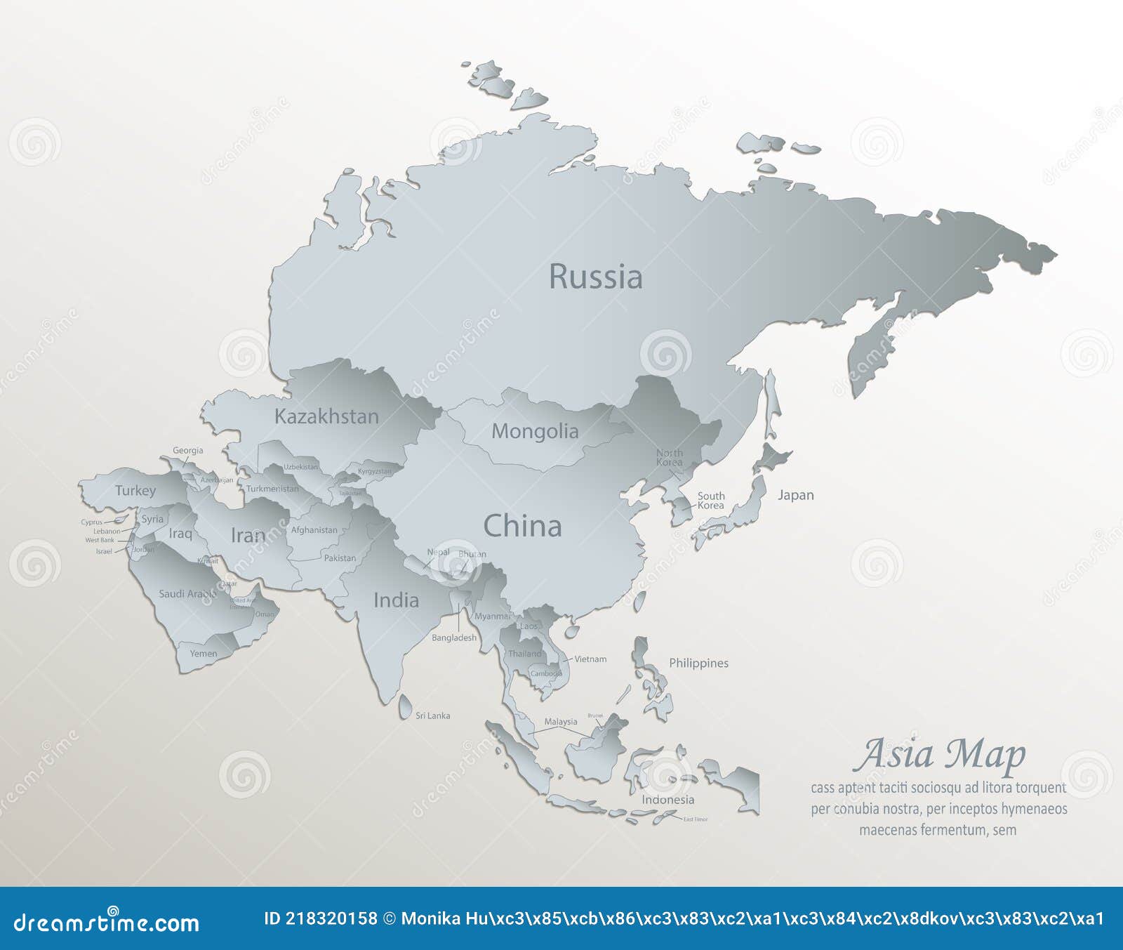 Asia Map, Separate States with Names, White Blue Card Paper 3D Stock ...