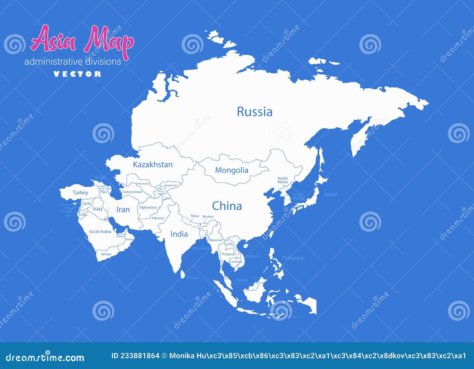 Asia Map, Separate States Whit Names, Blue Background Stock Vector ...