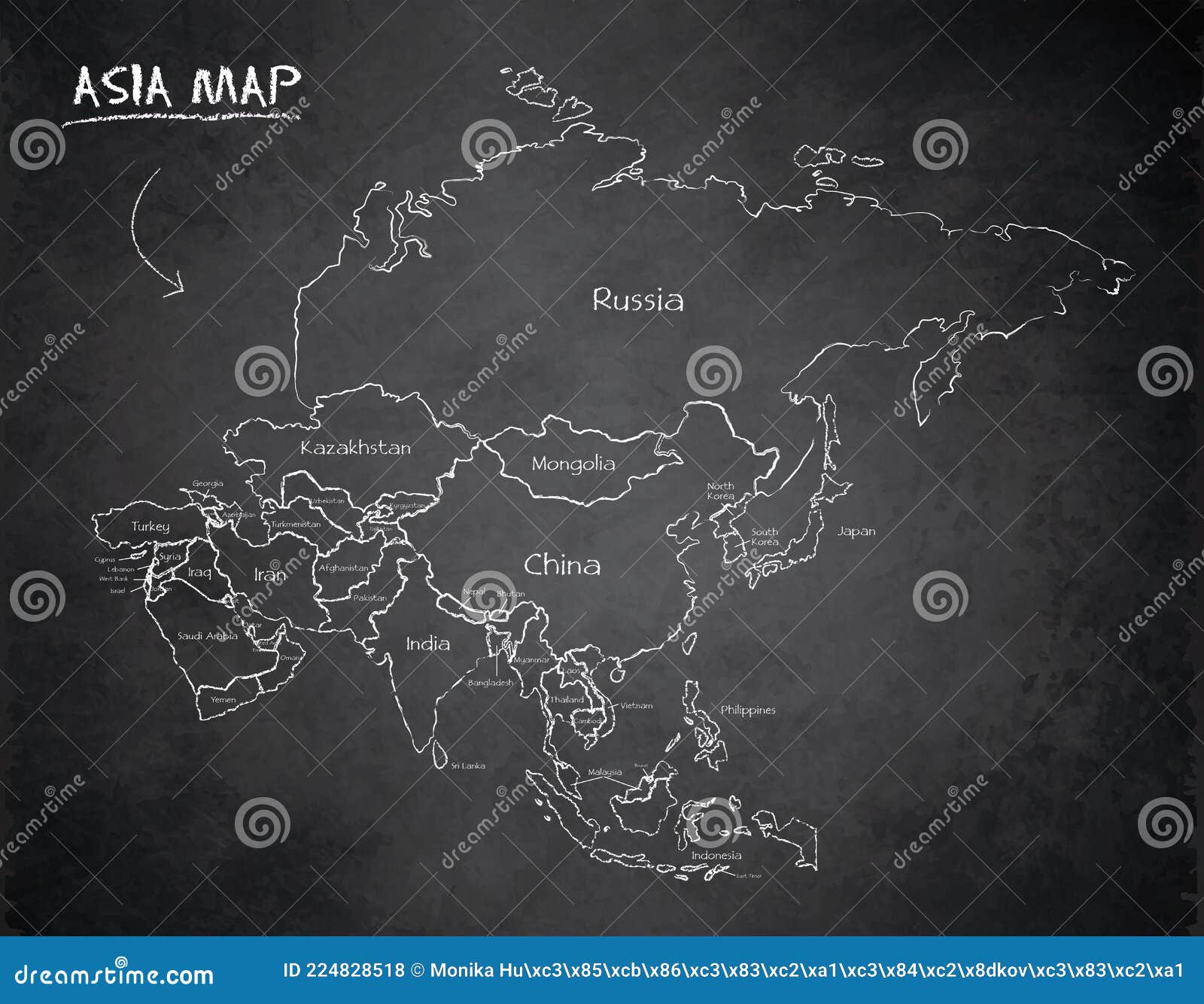 Asia Map, Separates States and Names, Design Card Blackboard ...