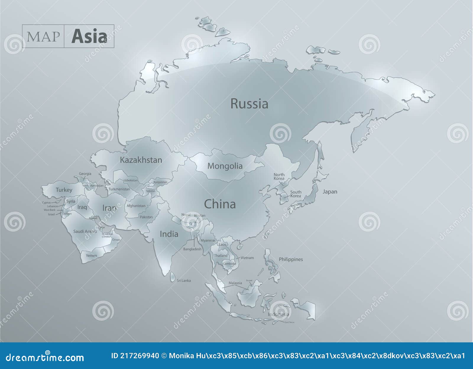 Asia Map, Separates States and Names, Design Glass Card 3D Stock Vector ...