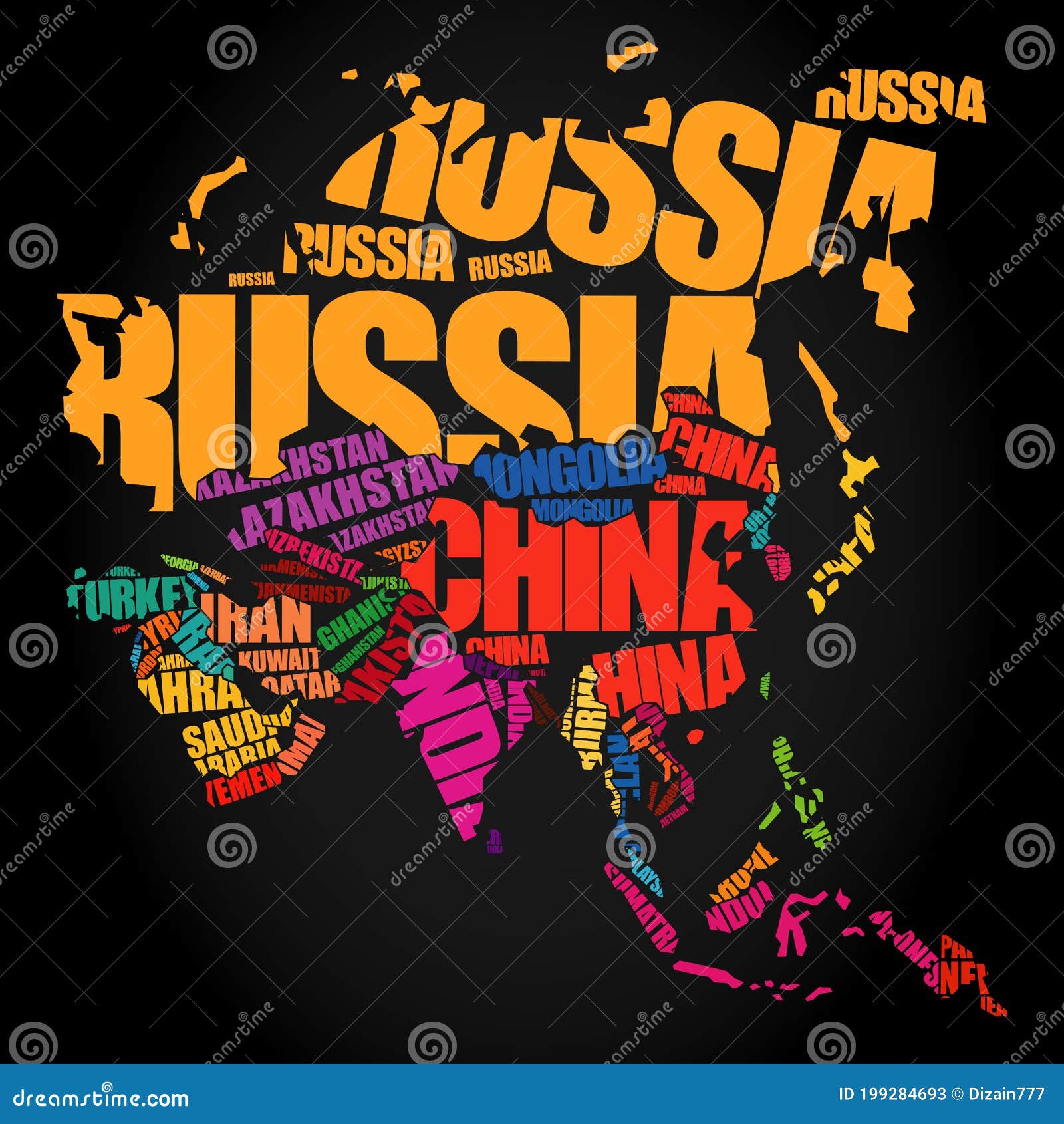 Asia Map in Typography Word Cloud Stock Illustration - Illustration of ...