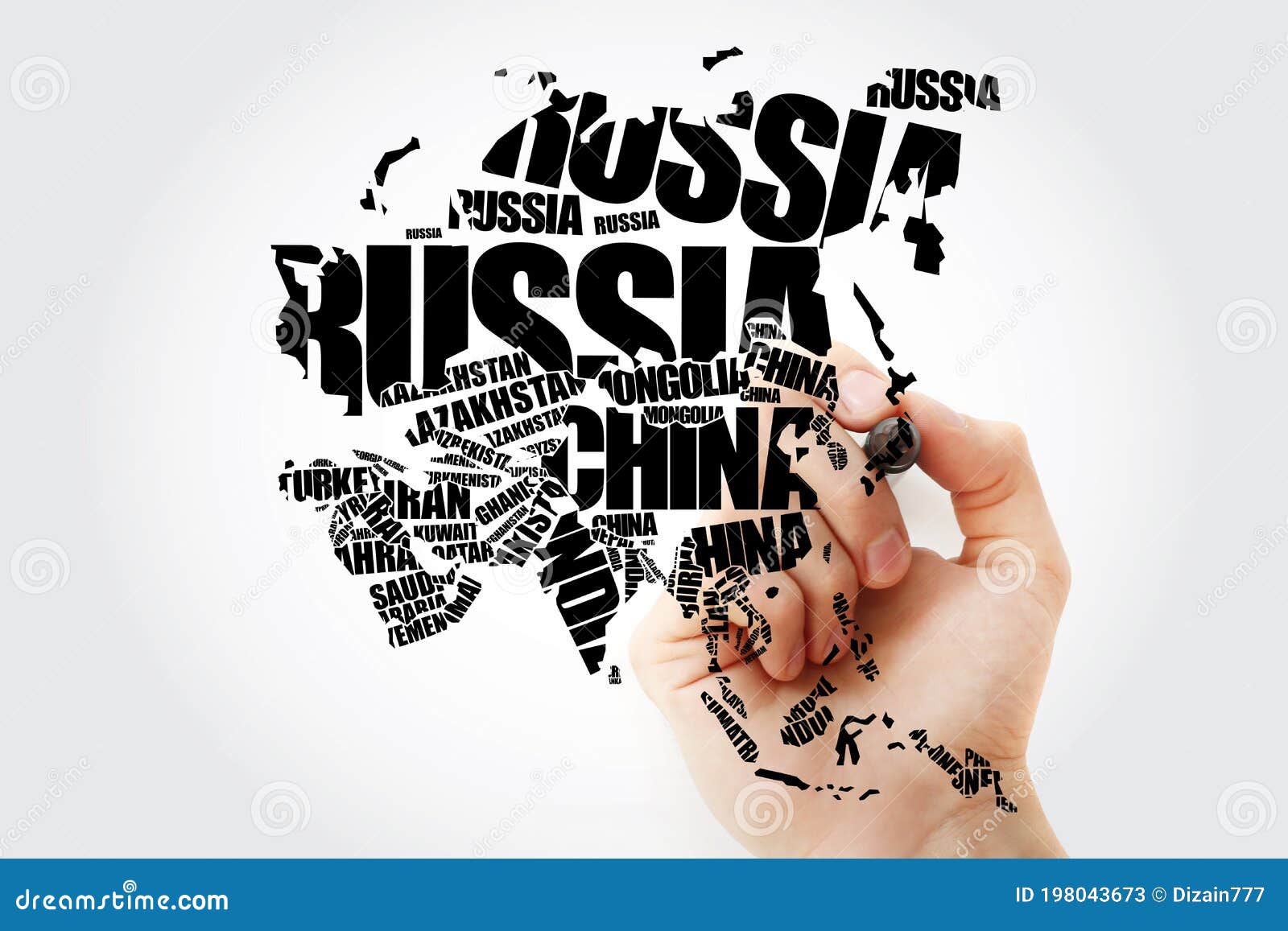 Asia Map in Typography Word Cloud Concept with Marker, Names of ...