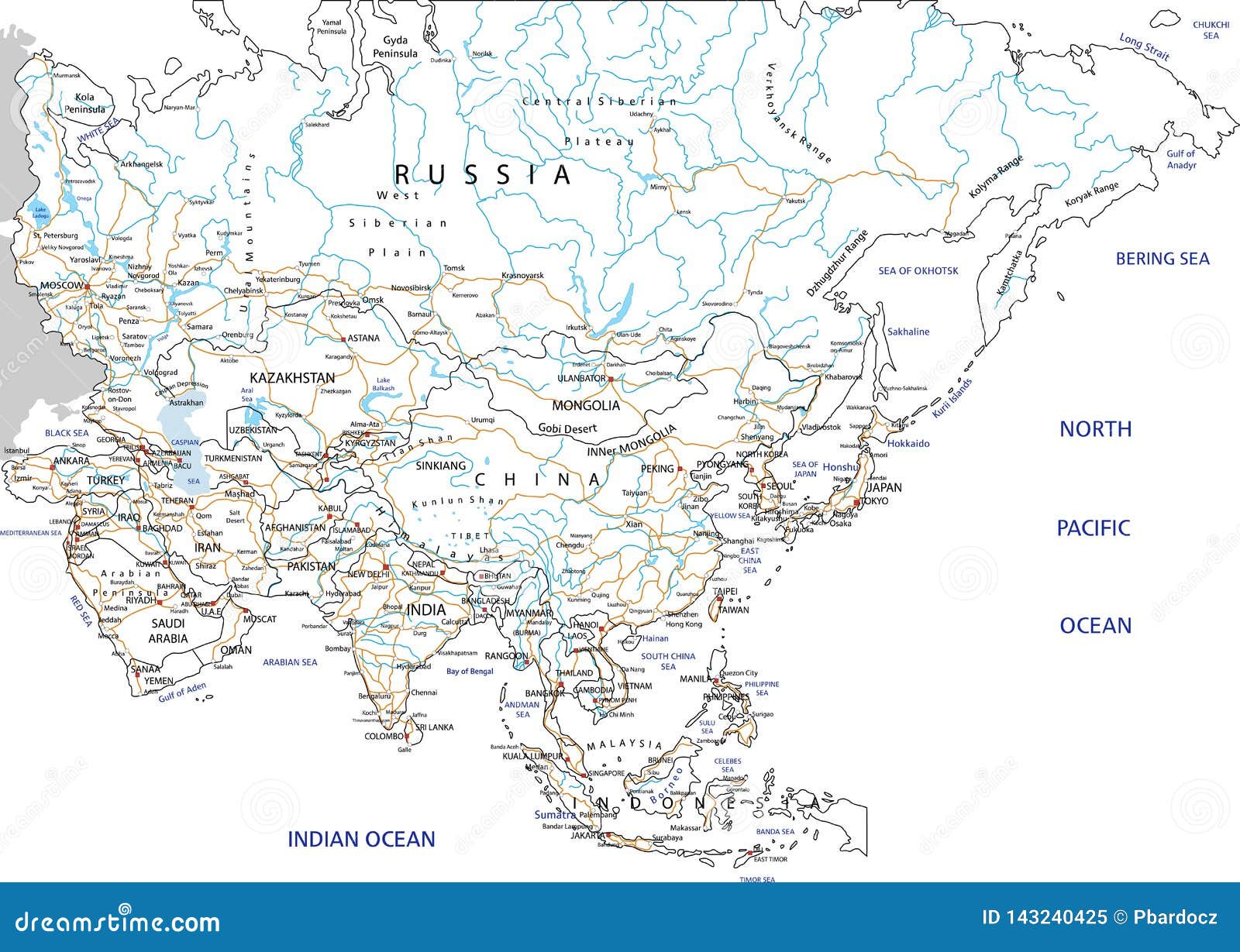 Asia PhysHigh Detailed Asia Road Map with Labeling. Stock Vector ...