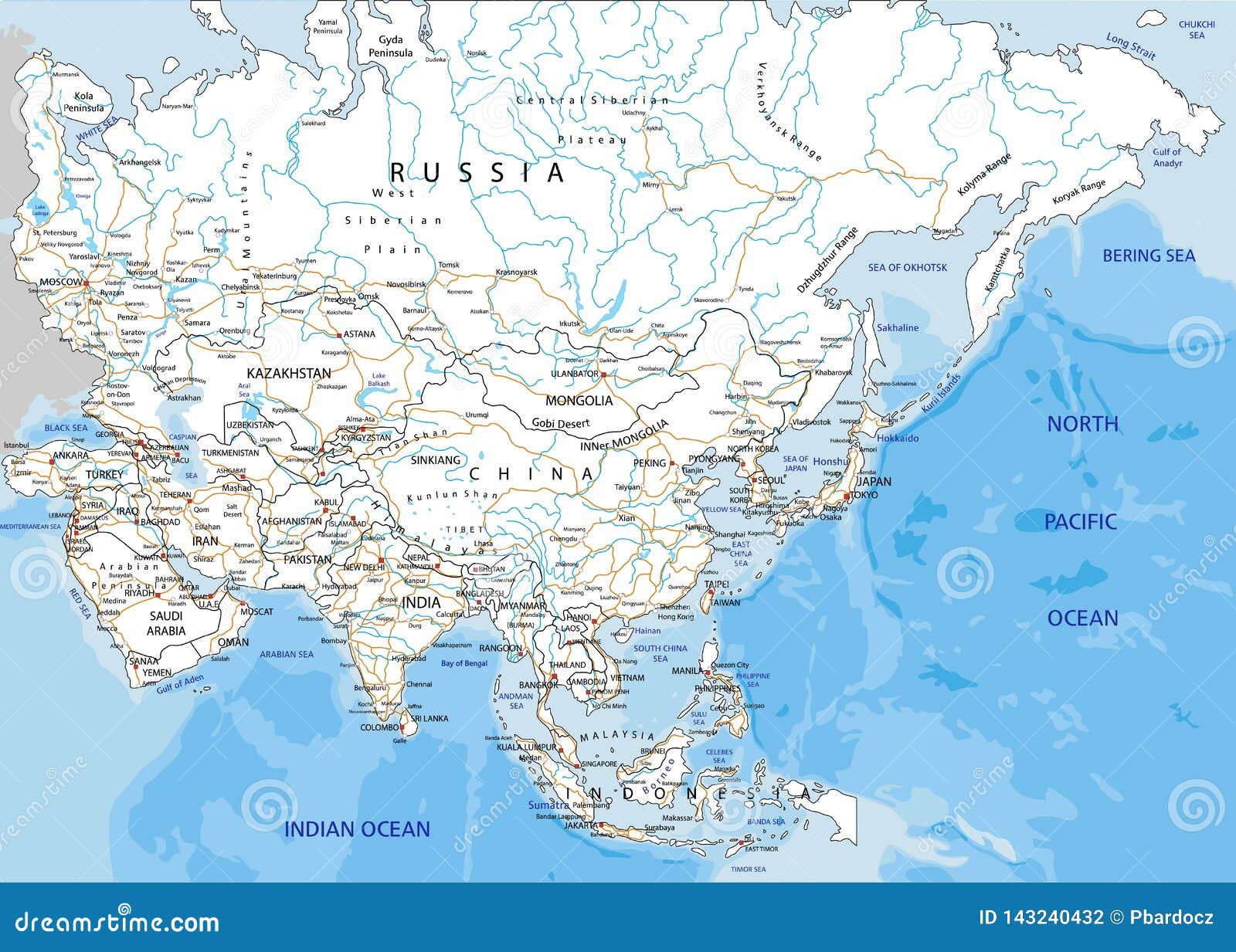 Asia PhysHigh Detailed Asia Road Map with Labeling. Stock Vector ...