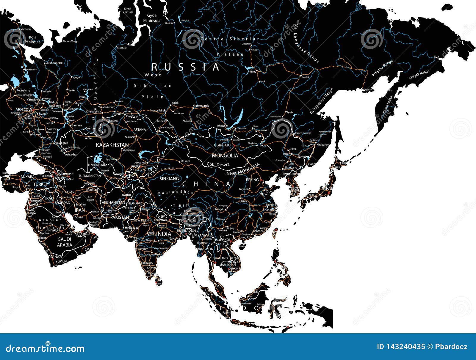 High Detailed Asia Road Map with Labeling - Black. Stock Vector ...