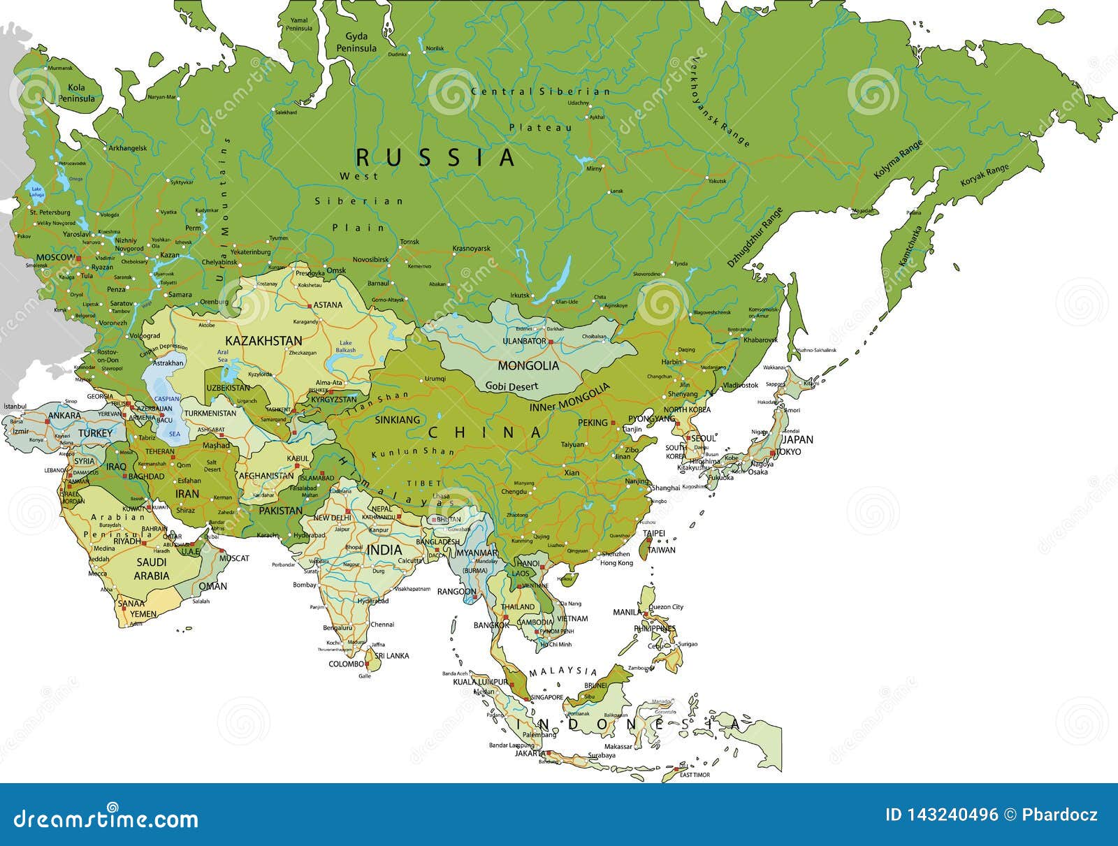 Asia Highly Detailed Editable Political Map With Separated Layers Images