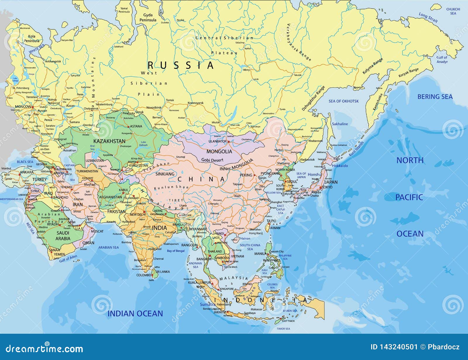 Asia PhysAsia - Highly Detailed Editable Political Map with Separated ...