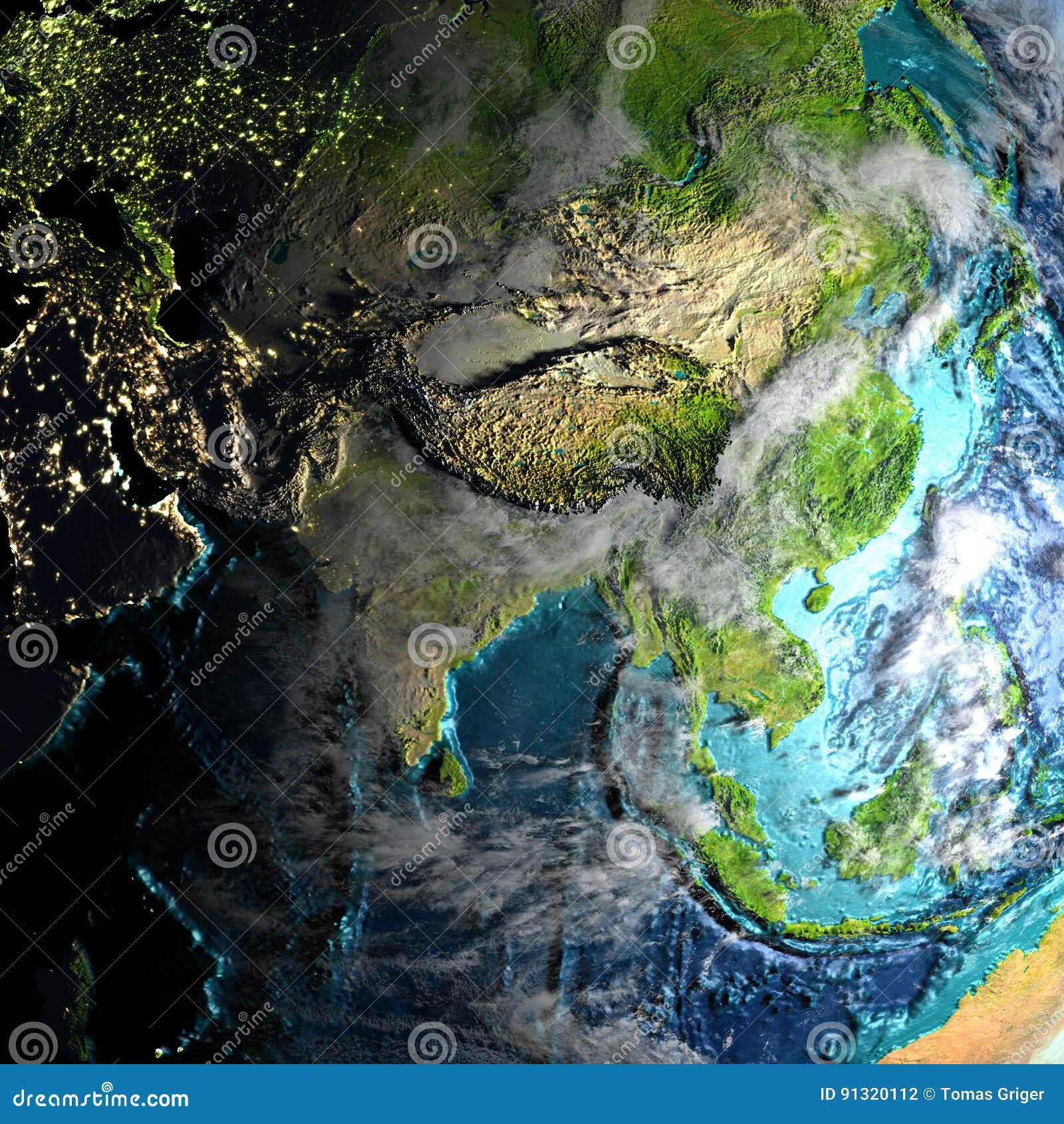 Asia on Physical Map in the Morning Stock Illustration - Illustration ...