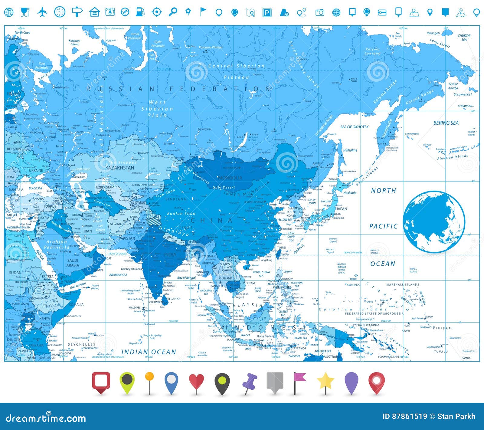 Asia Political Map in Colors of Blue and Map Pointers Stock Vector ...