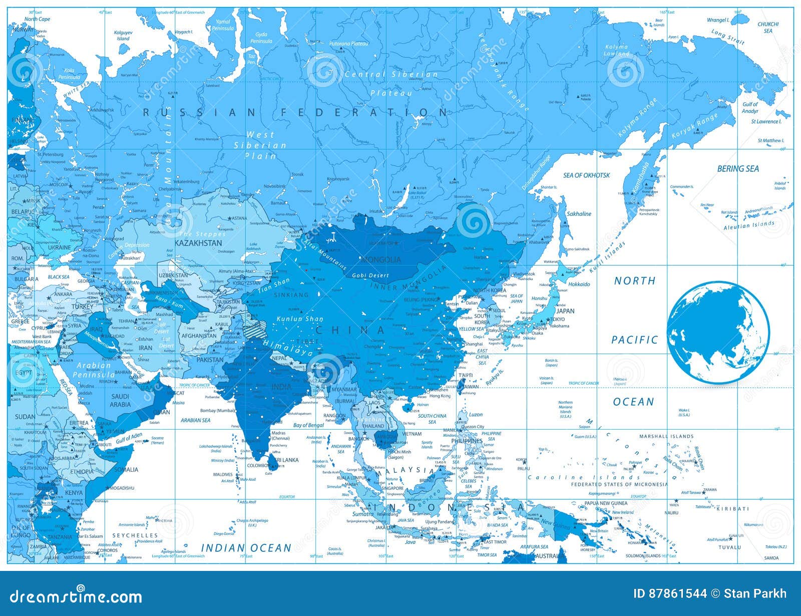 Asia Political Map in Colors of Blue Stock Vector - Illustration of ...