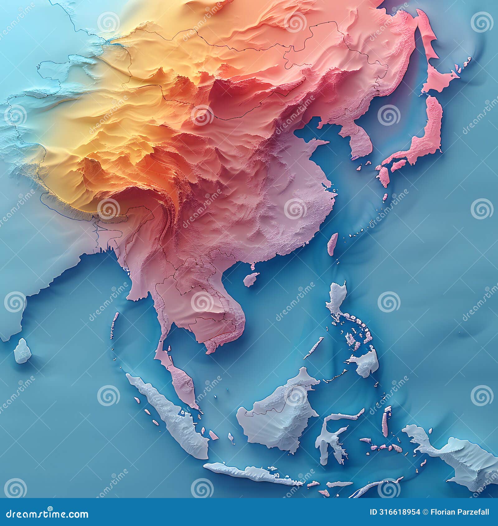 Asia Sunrise: Abstract Digital Map Illustration with Soft Gradients ...