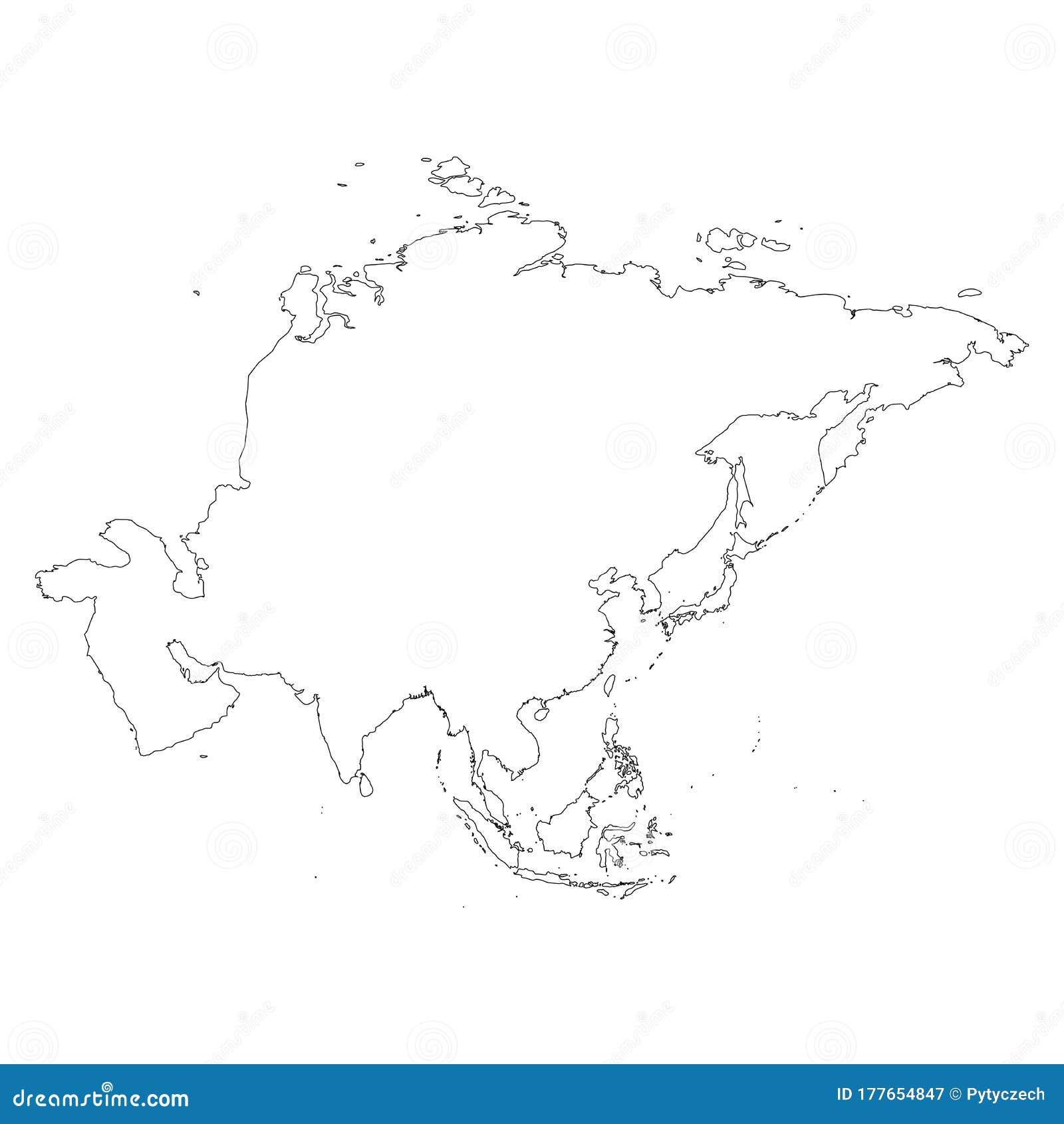 Asia Thin Black Outline Map. Contour Map of Continent Stock Vector ...