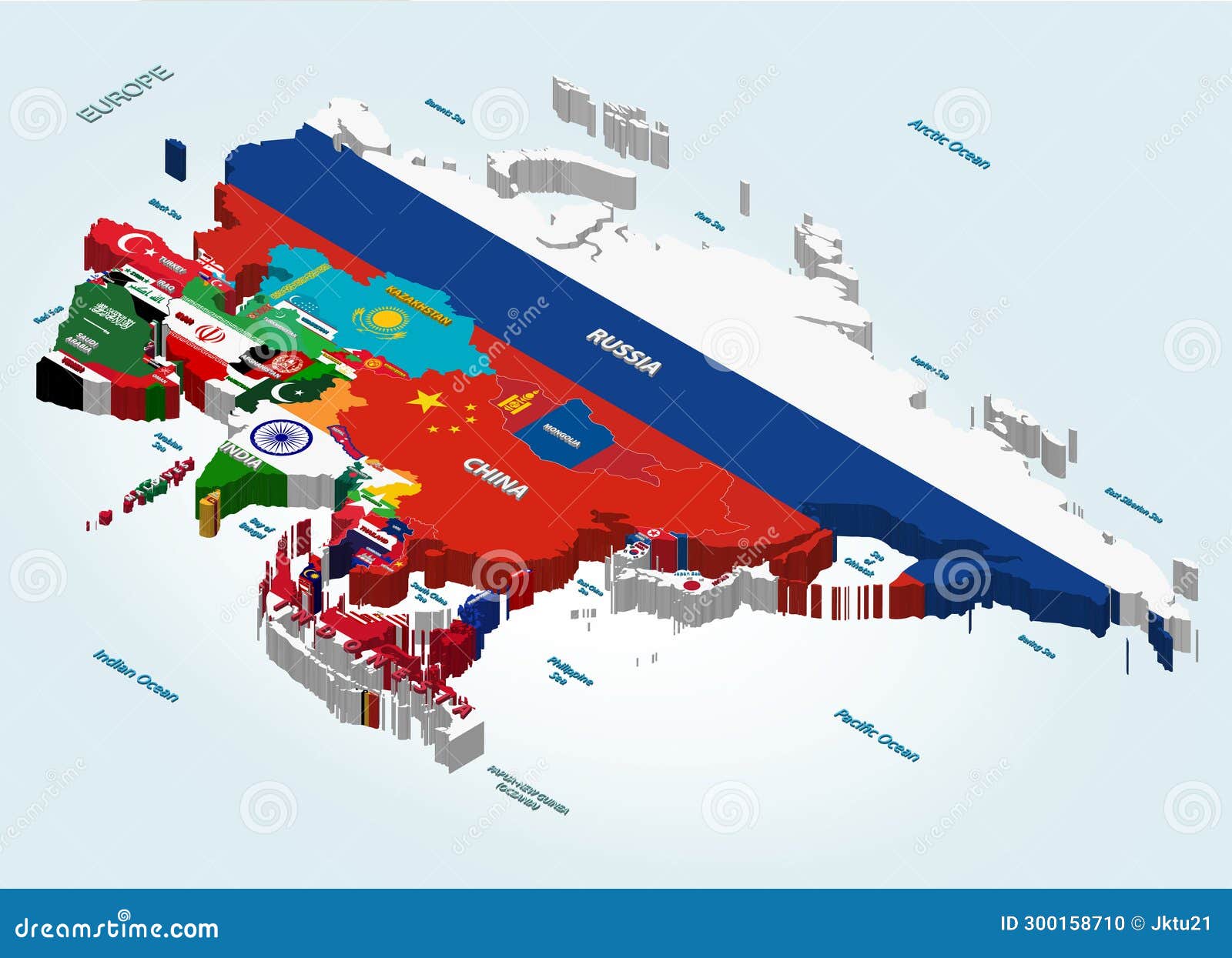 Asia Vector Isometric Map Combined with National Flags Stock ...