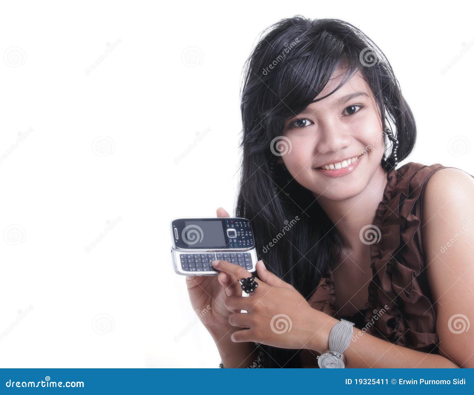 Asian Adorable Woman Using Gadget Stock Image - Image of happy, long ...