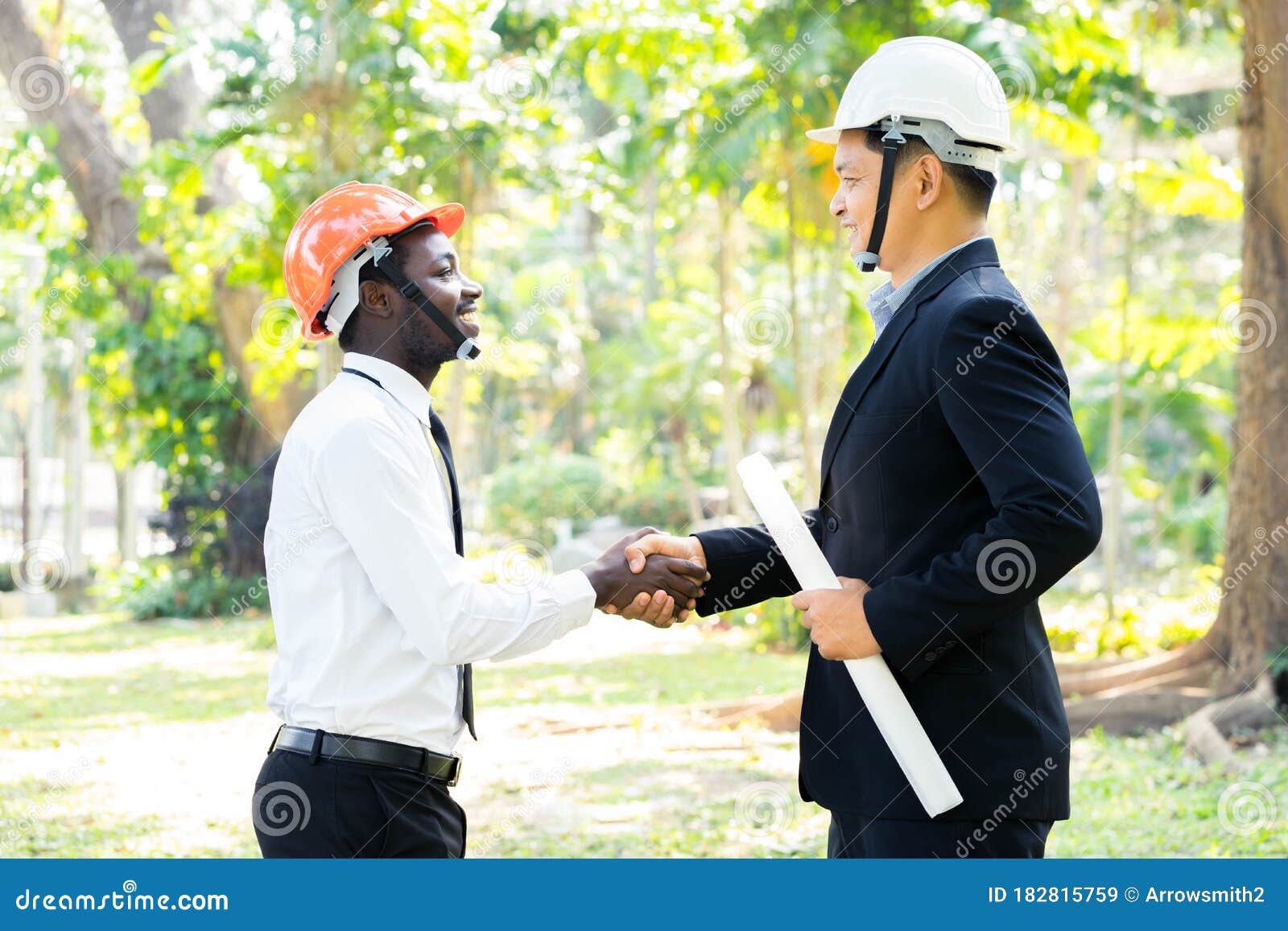 Asian and African Architect Engineer Shake Hands with Smile in Green ...