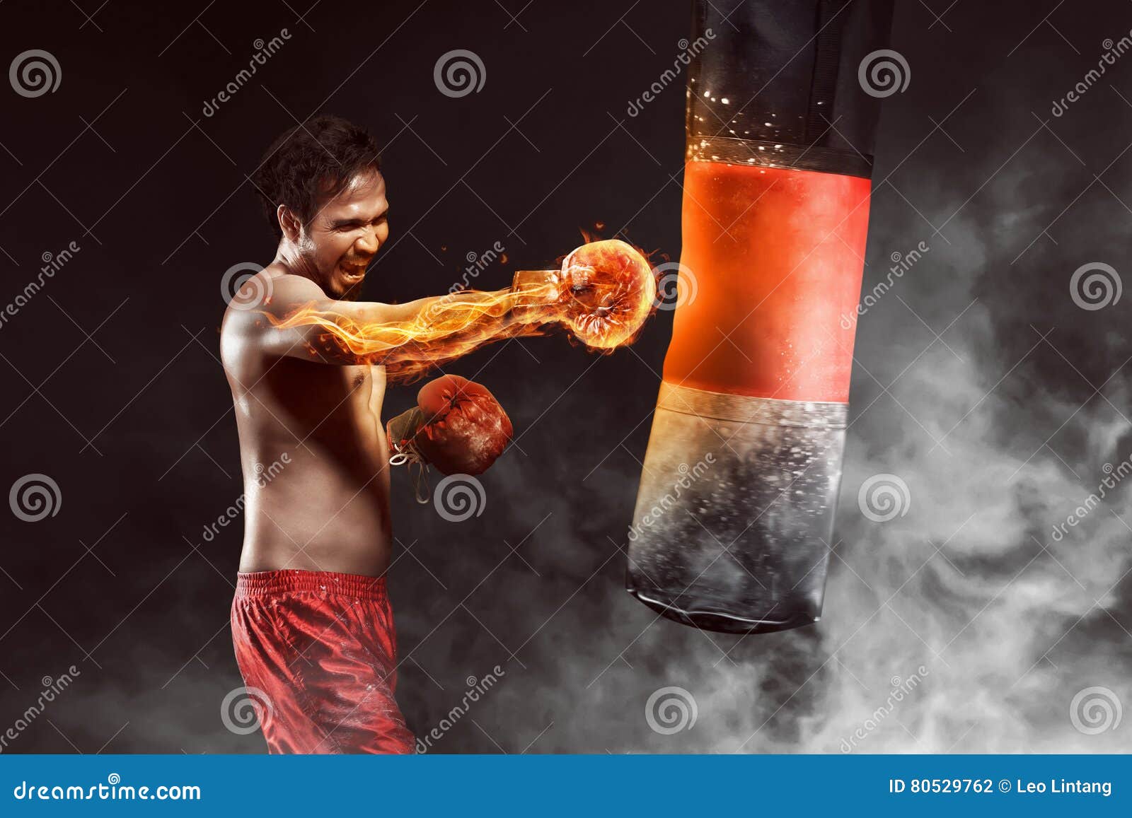 Asian Athlete Boxer Punching a Punching Bag Stock Photo - Image of ...