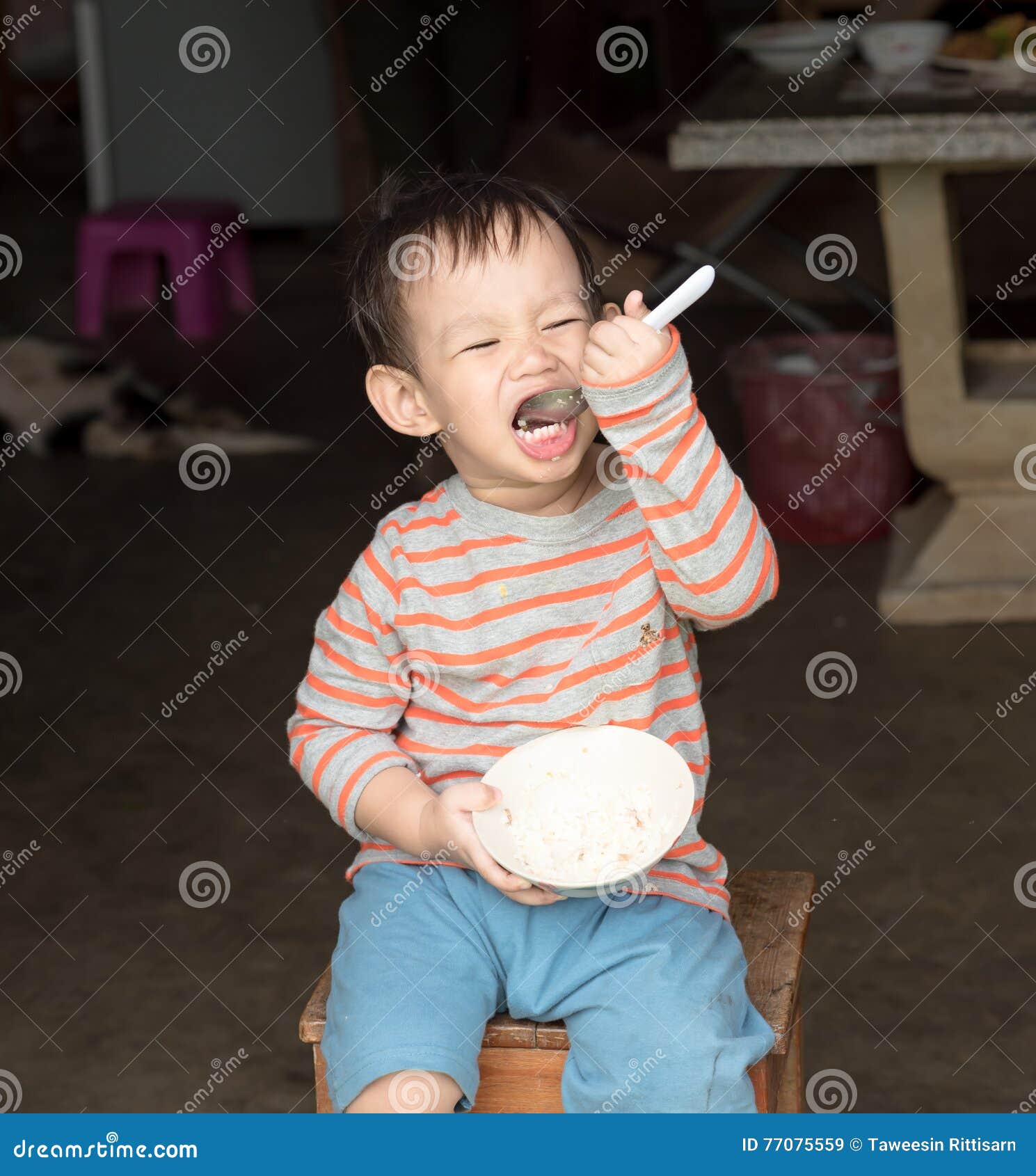 Asian Baby Boy Eating Fried Rice by Spoon by Him Self Stock Image ...