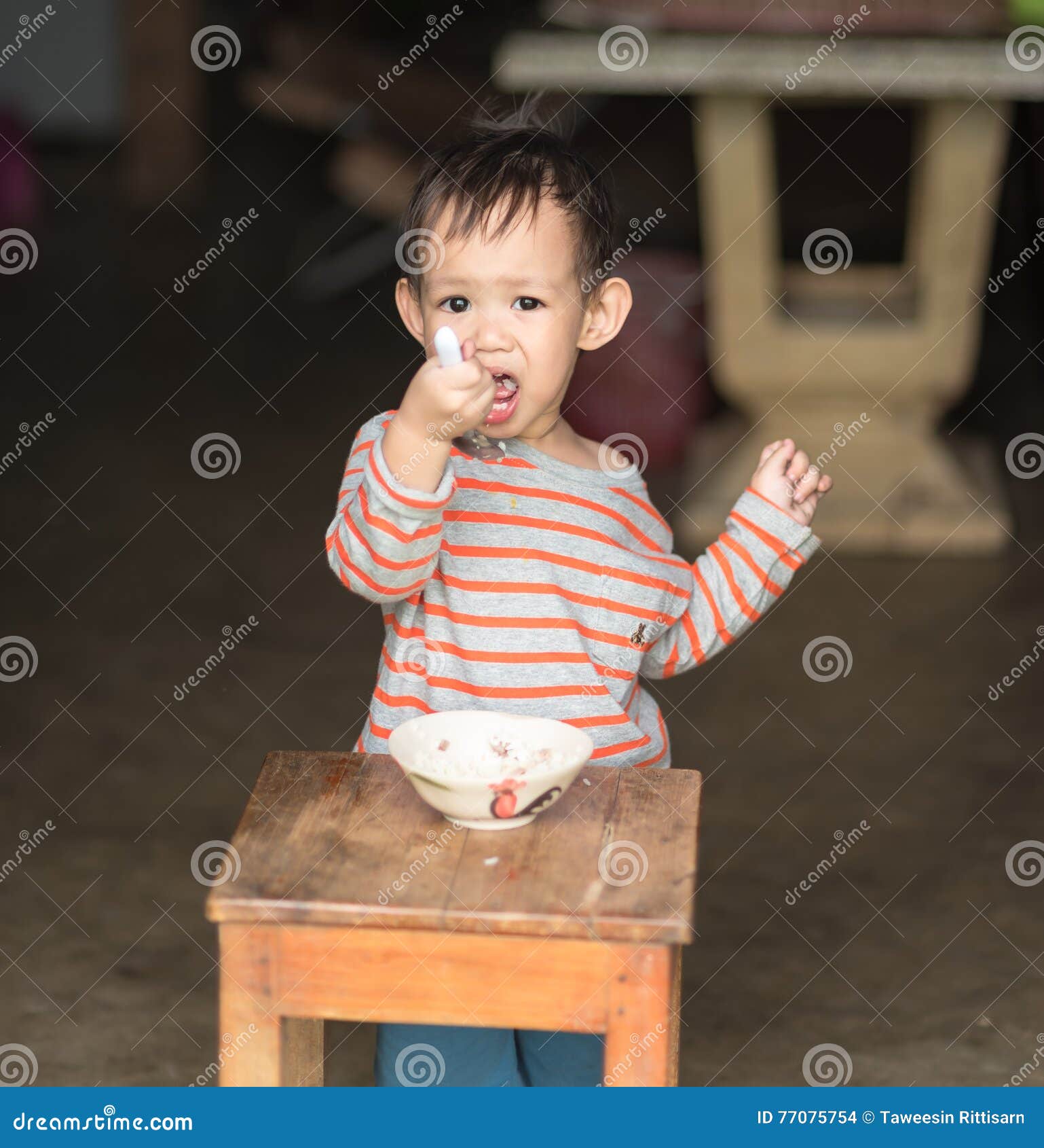 Asian Baby Boy Eating Fried Rice by Spoon by Him Self Stock Photo ...