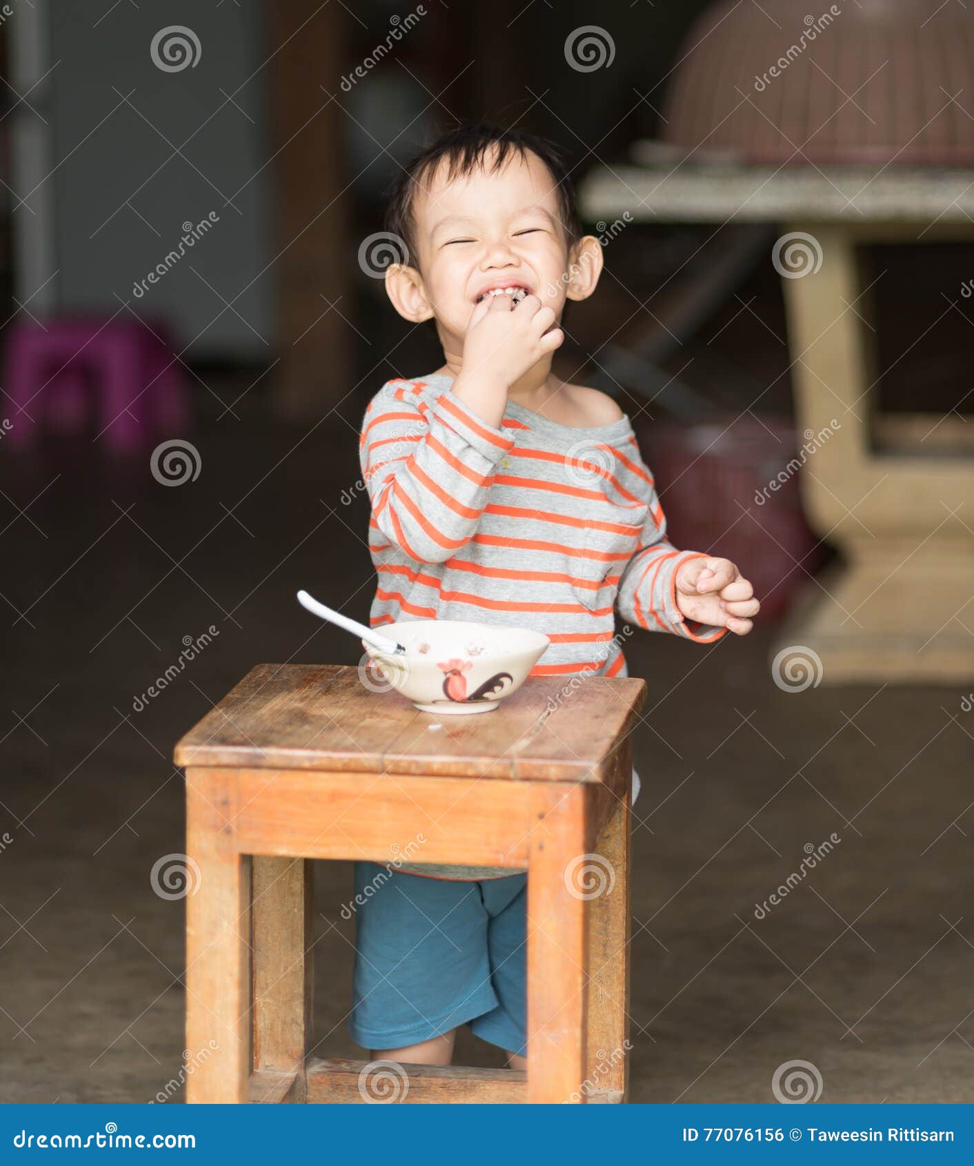 Asian Baby Boy Eating Fried Rice by Spoon by Him Self Stock Photo ...