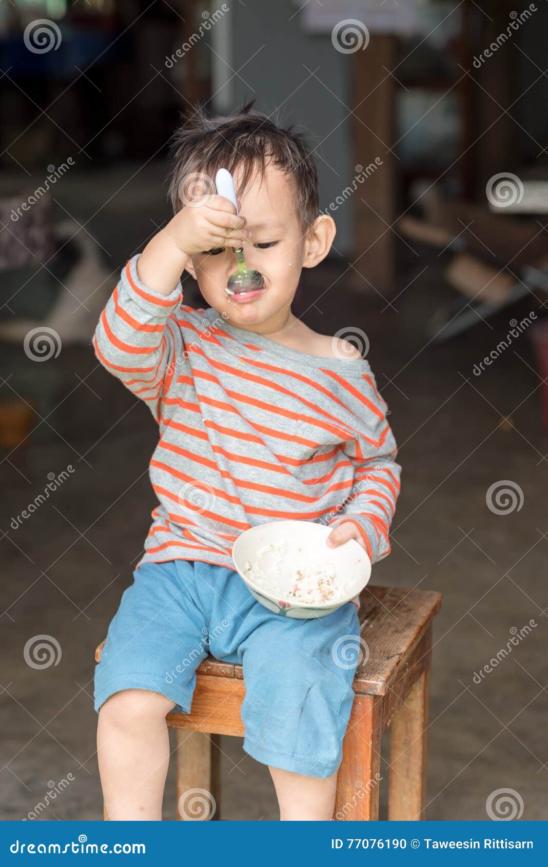 Asian Baby Boy Eating Fried Rice by Spoon by Him Self Stock Photo ...