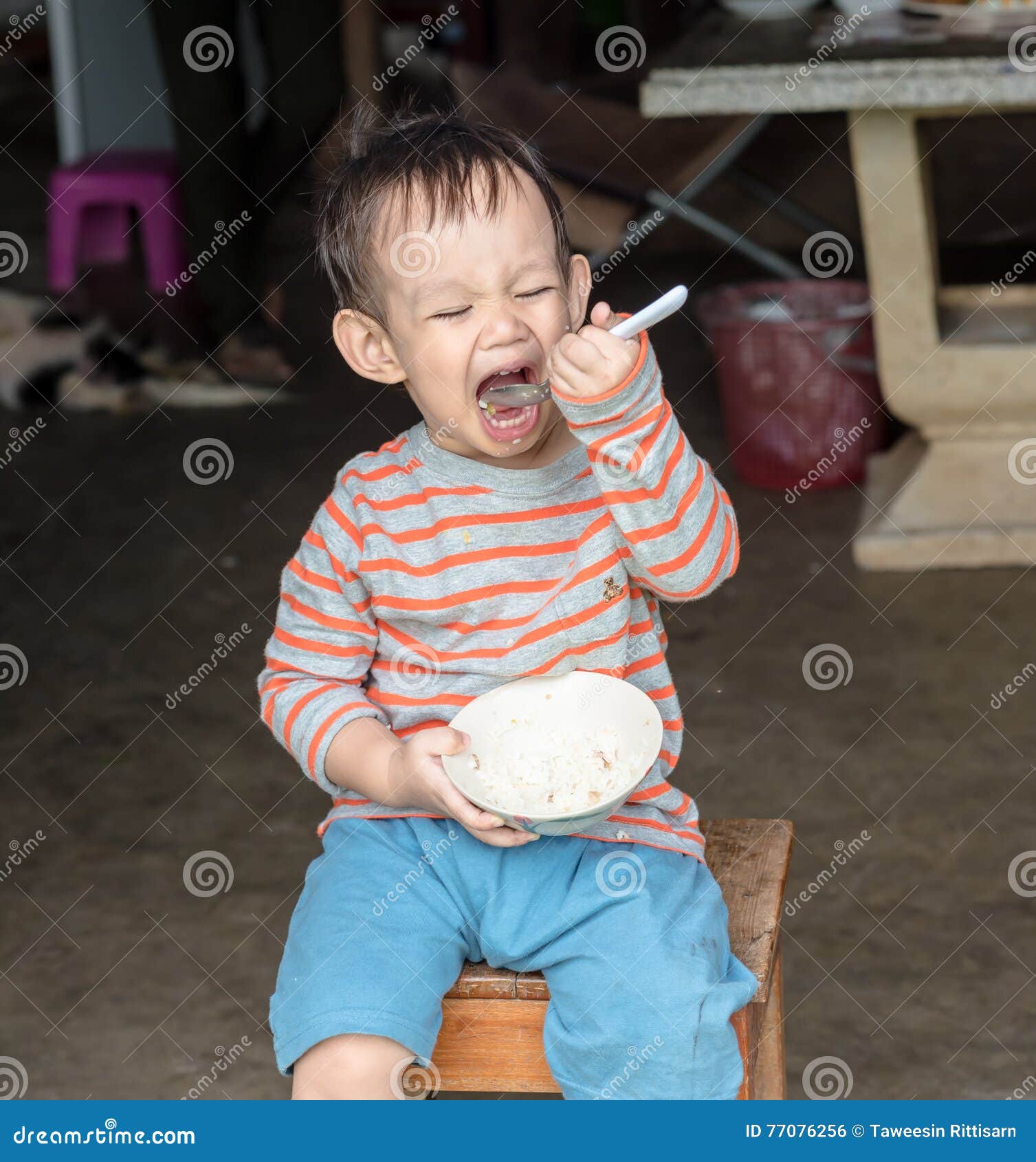 Asian Baby Boy Eating Fried Rice by Spoon by Him Self Stock Photo ...