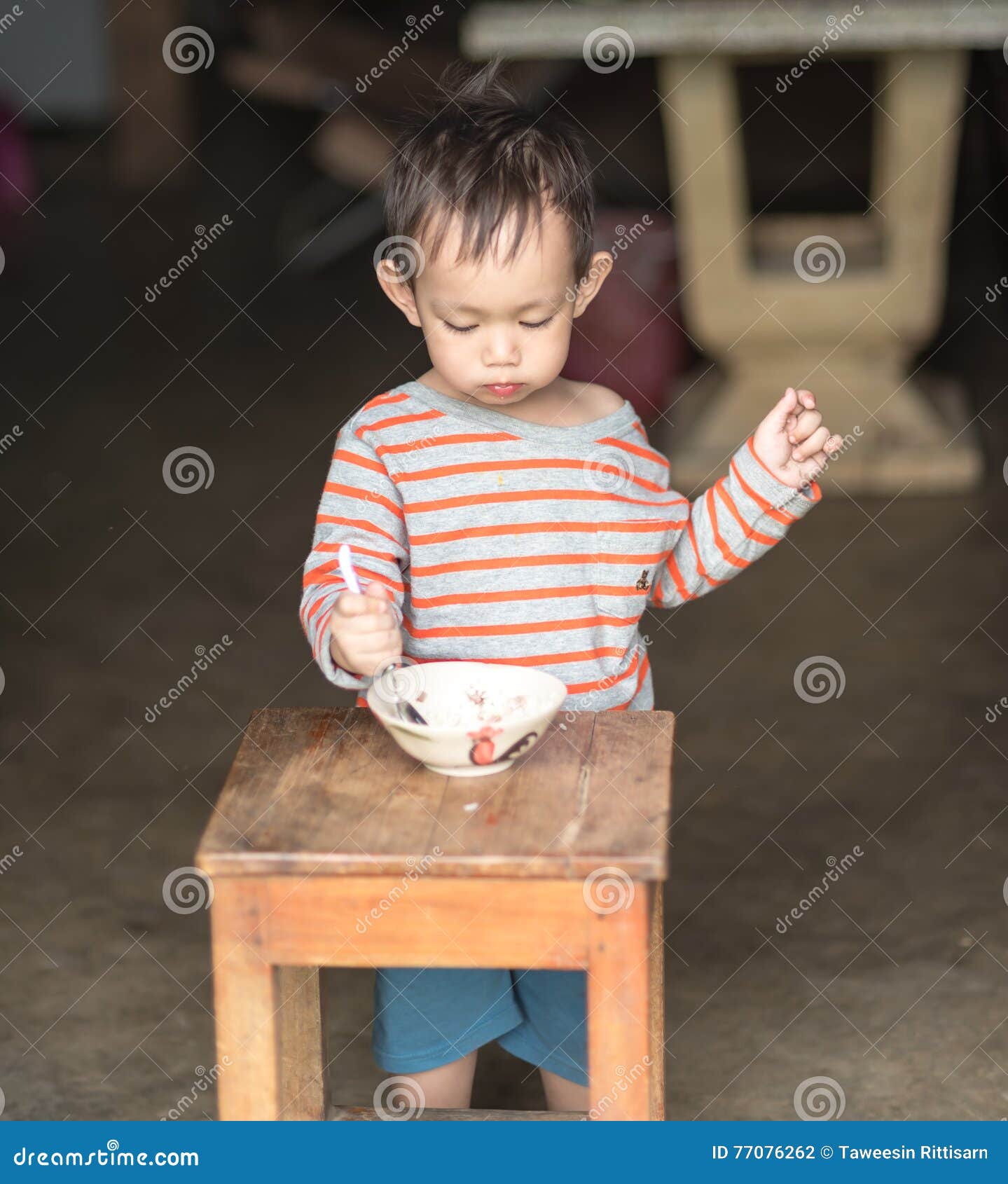 Asian Baby Boy Eating Fried Rice by Spoon by Him Self Stock Photo ...