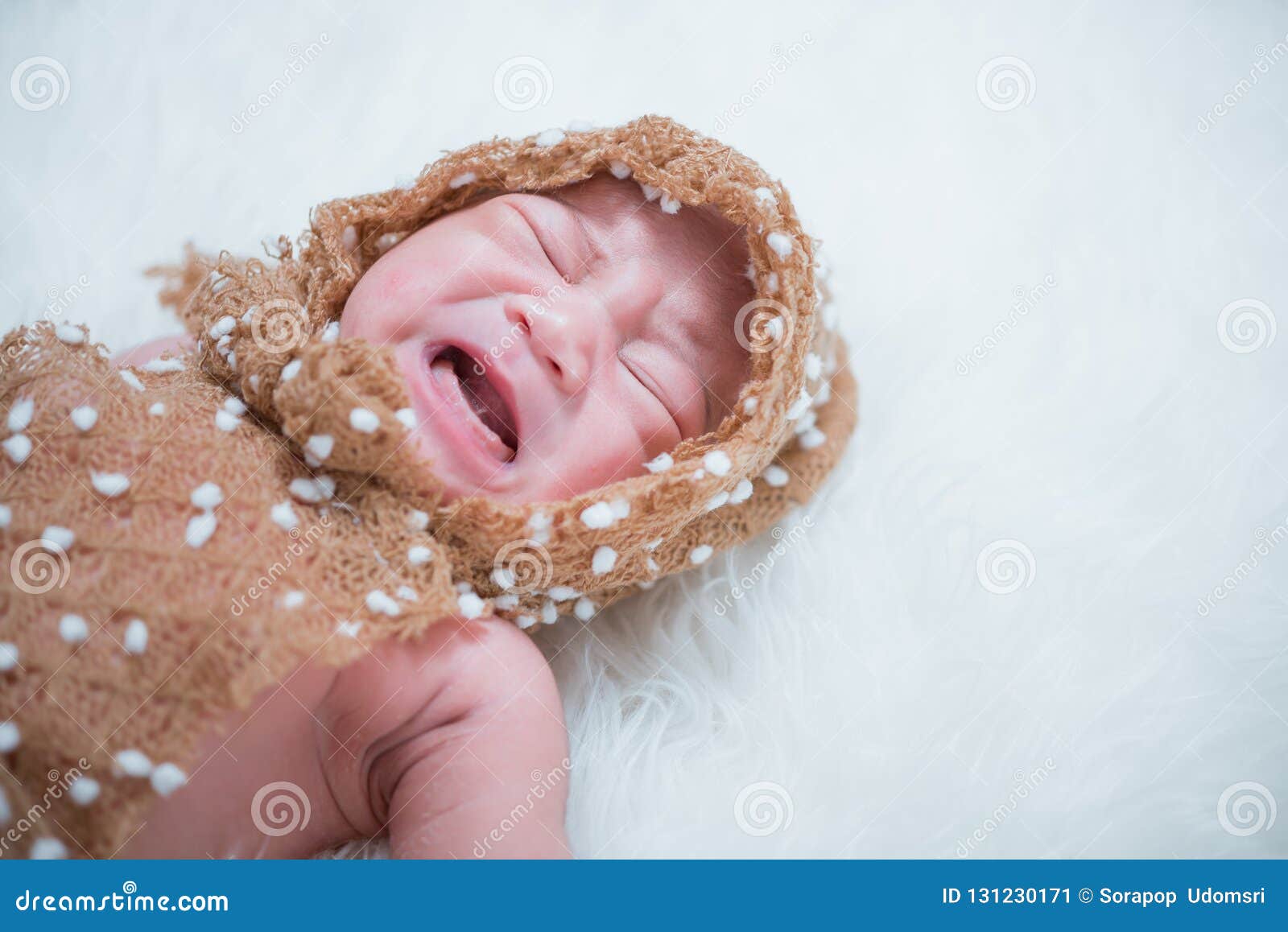 Newborn On The Bed. Crying, Screaming Baby Close Up And Copy Space ...