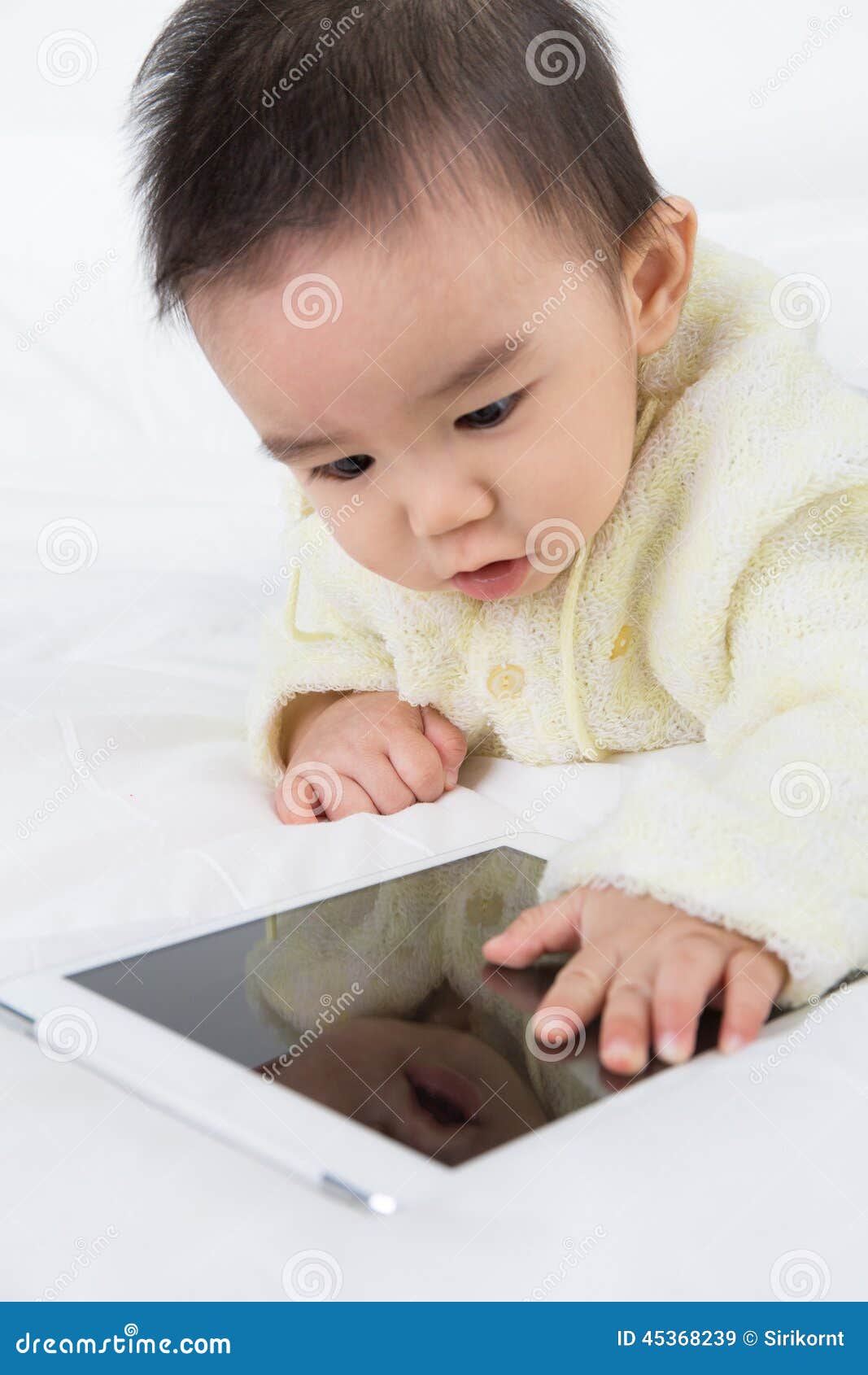 Asian Baby Play Game with Tablet PC Stock Image - Image of home ...
