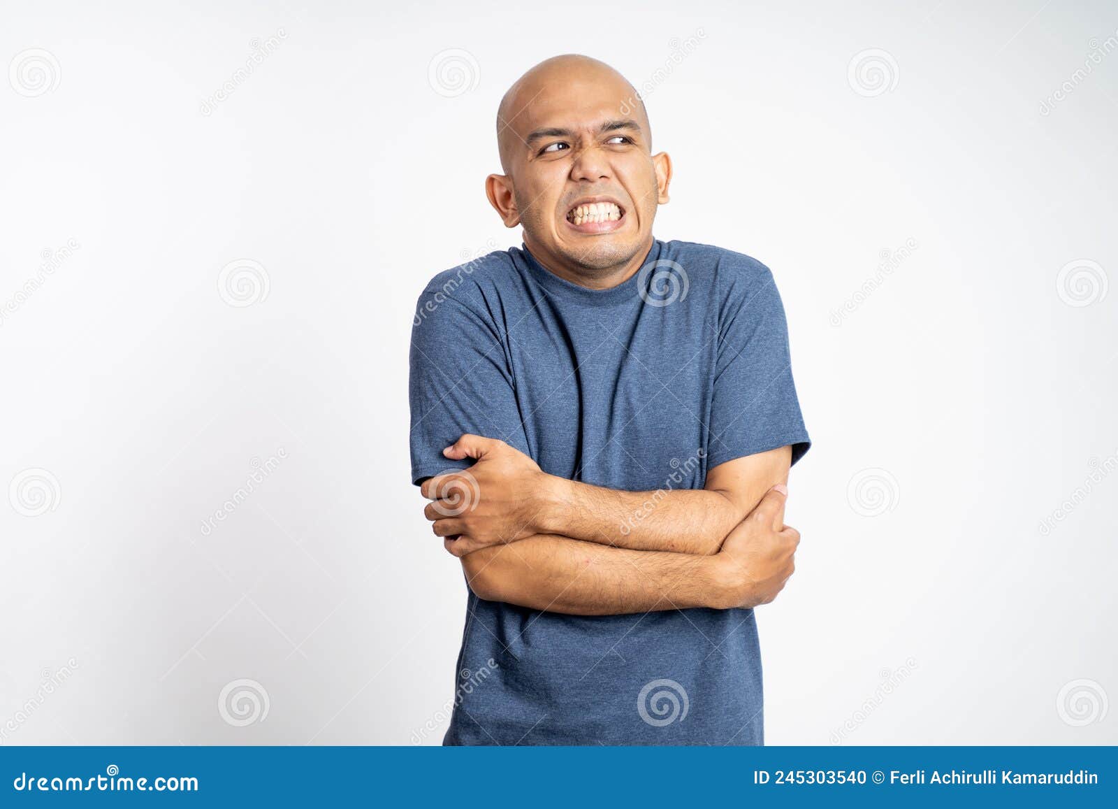 Asian Bald Man Sick with Fever Feeling Cold while Standing Stock Photo ...