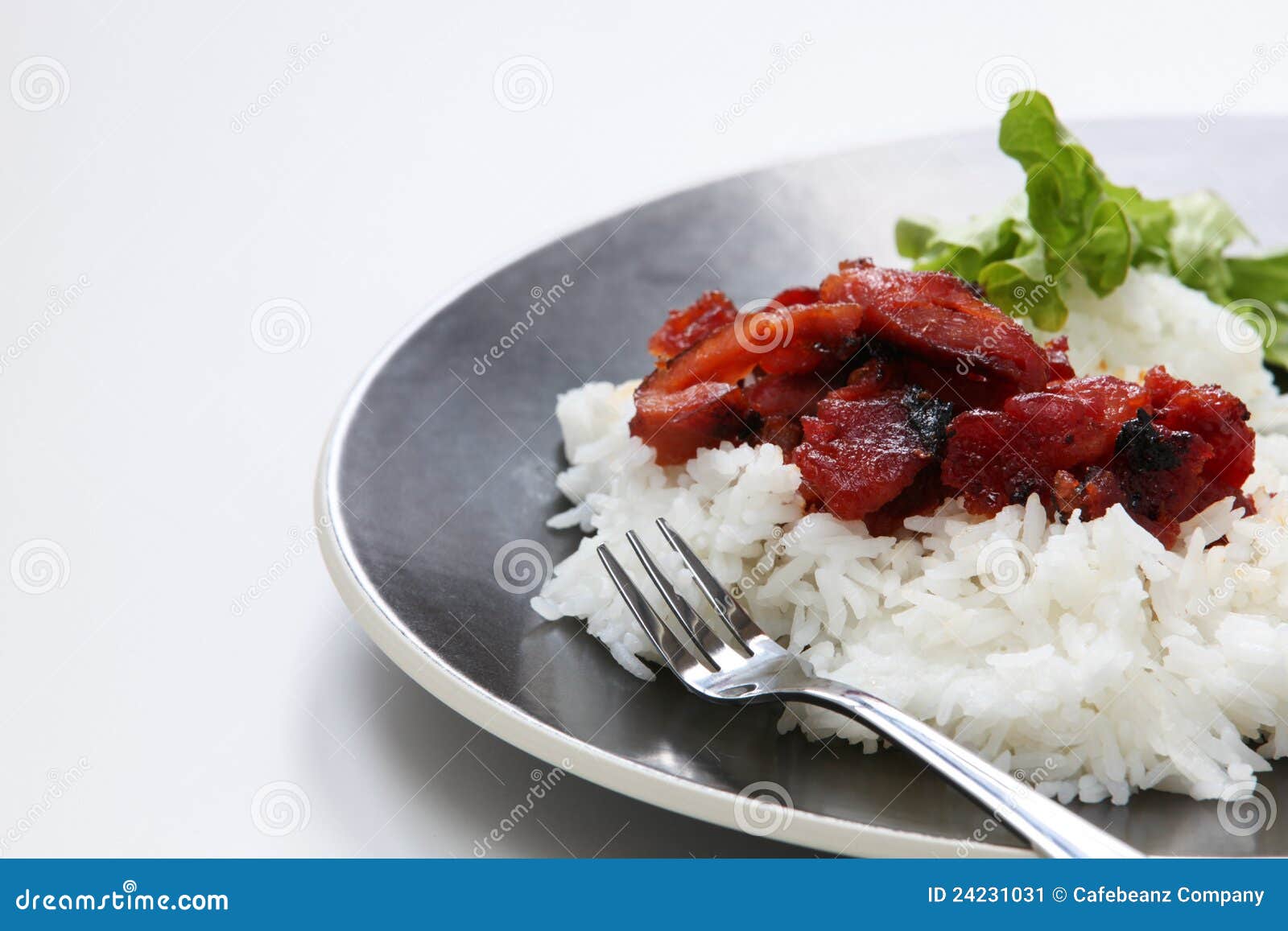 Asian Barbecue Pork on a Bed of Steamed Rice. Stock Image - Image of ...