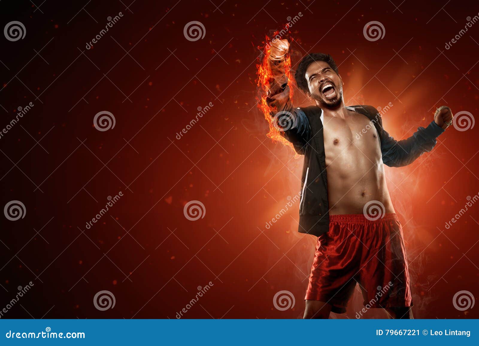 Asian Boxer Punching with Flame Around His Arm Stock Image - Image of ...