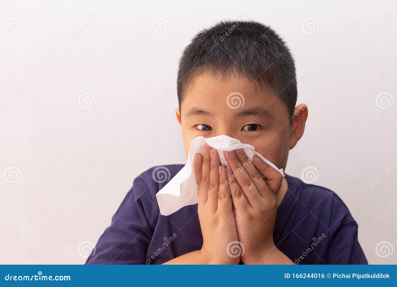 Asian Boy Cold Flu Illness Tissue Blowing Runny Nose Stock Photo ...