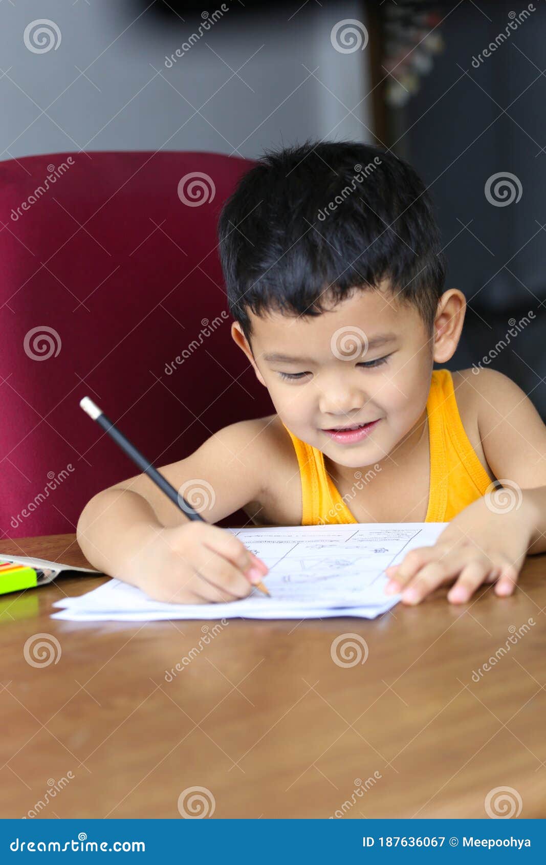 Asian Boy is Doing His Homework,concept of Studying on-live at Home ...