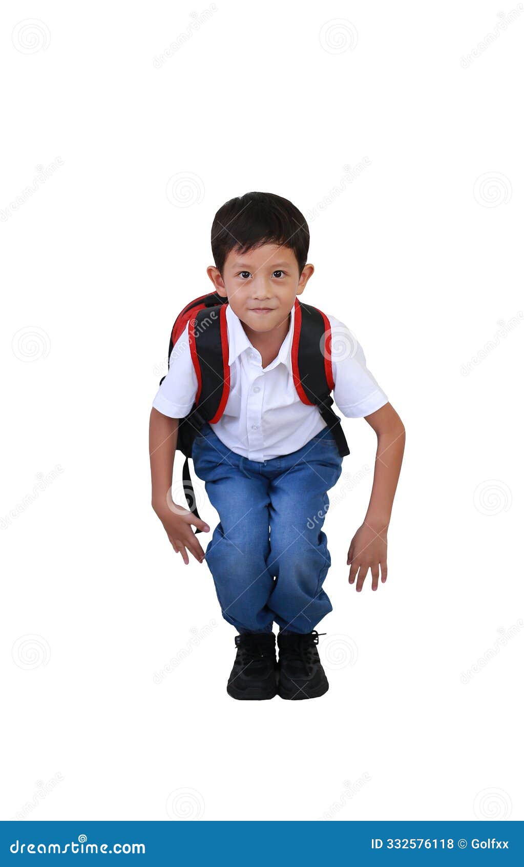 Asian Boy Kid with Backpack Crouch Down Prepare To Jump Gesture ...
