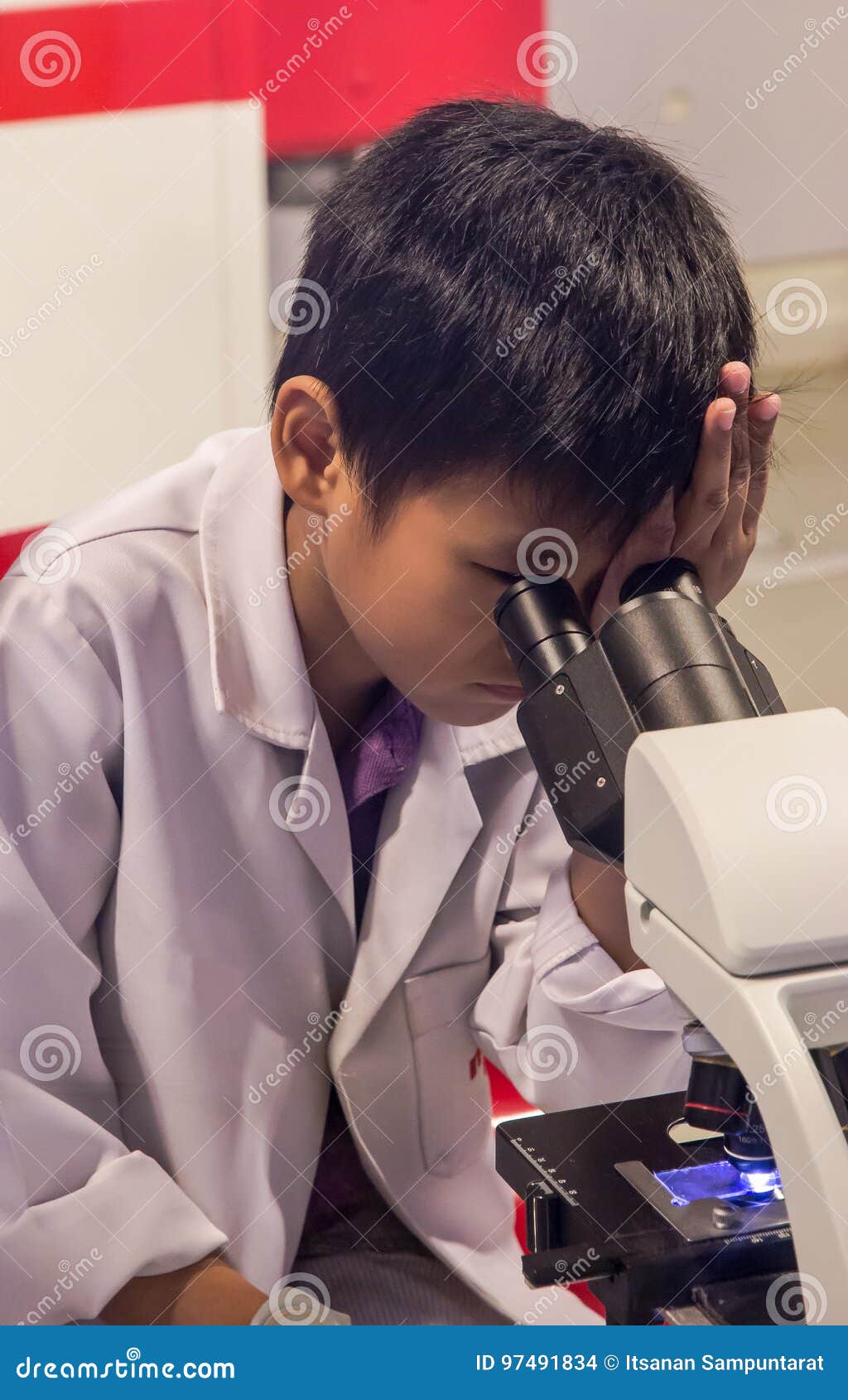 Asian Boy Looking through Microscope Stock Photo - Image of childhood ...